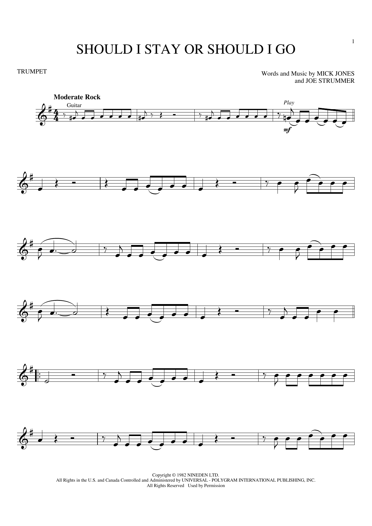 Should I Stay Or Should I Go by The Clash Sheet Music for Trumpet ...