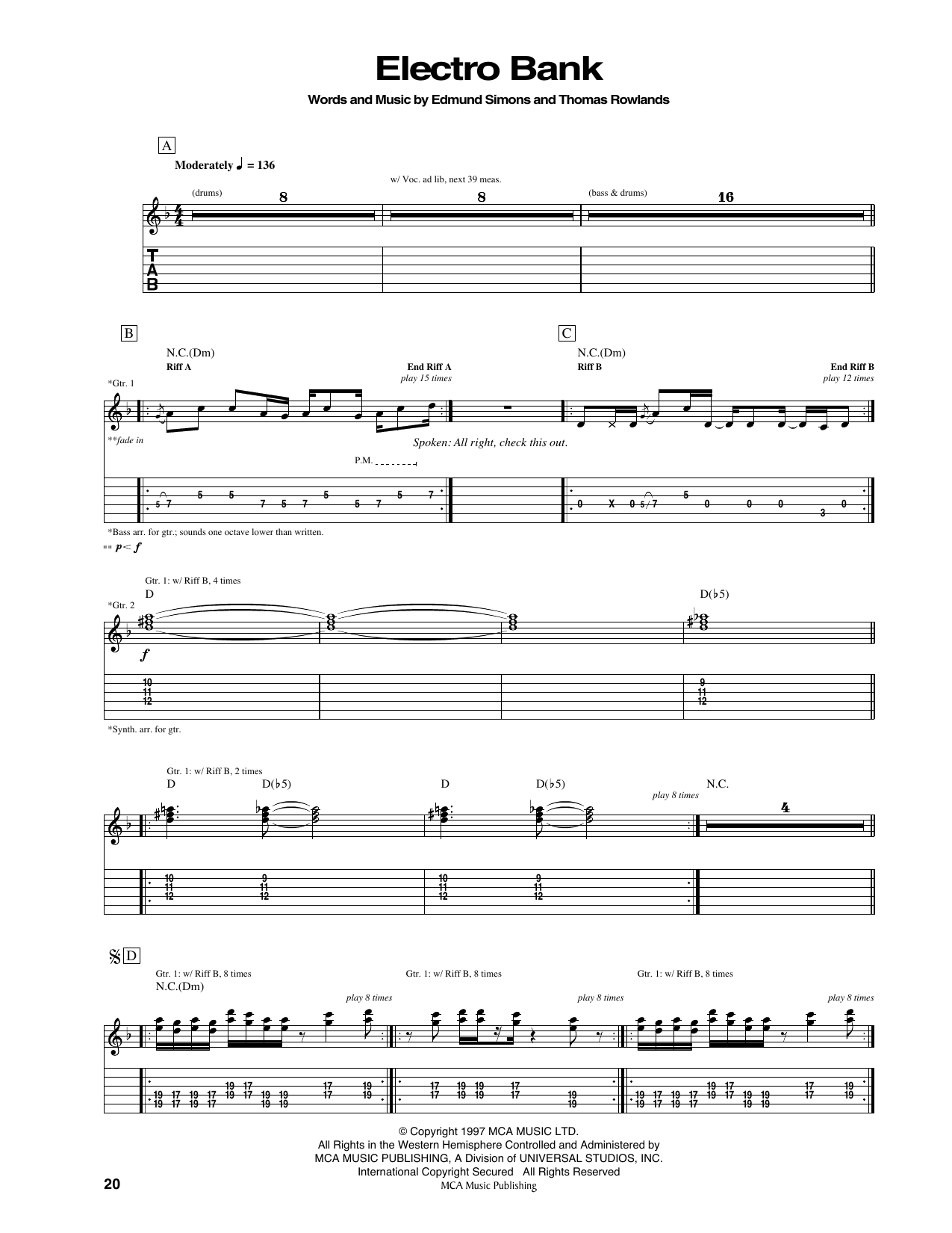 Electro Bank by Chemical Brothers Sheet Music for Guitar Tab at Sheet ...