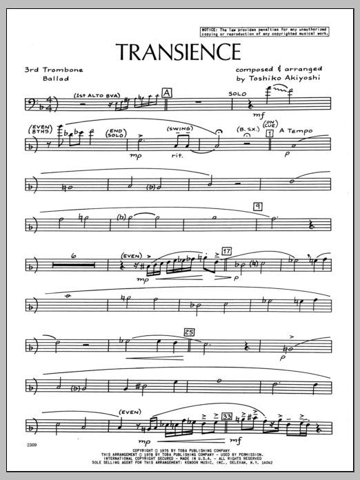 Transience - 3rd Trombone Sheet Music | Toshiko Akiyoshi | Jazz Ensemble