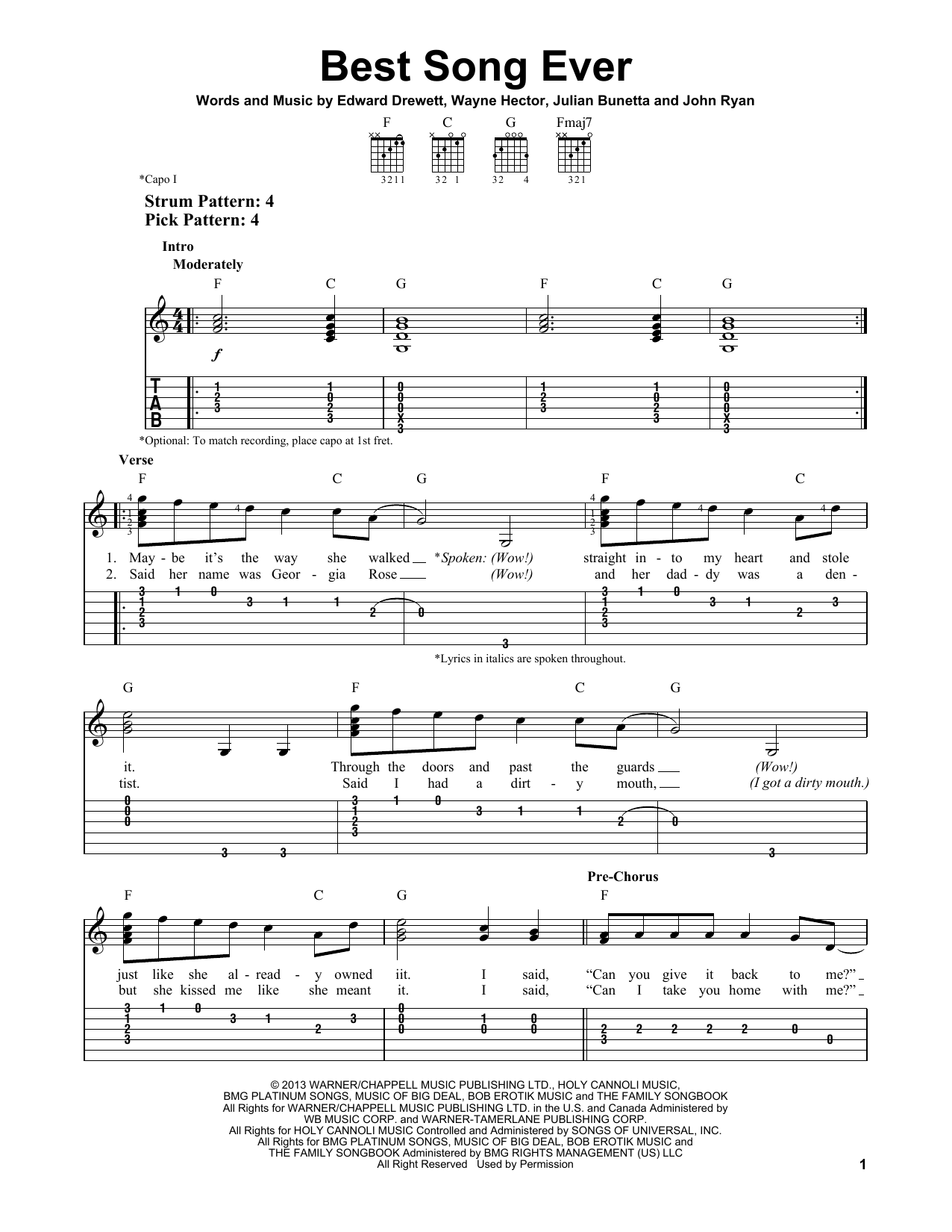 Best Song Ever Sheet Music One Direction Easy Guitar Tab