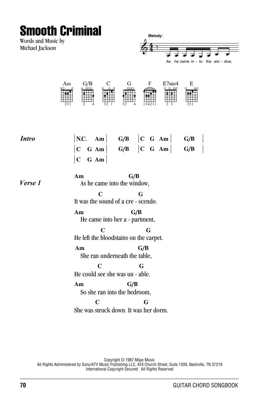 Smooth Criminal By Michael Jackson Sheet Music For Guitar Chords Lyrics