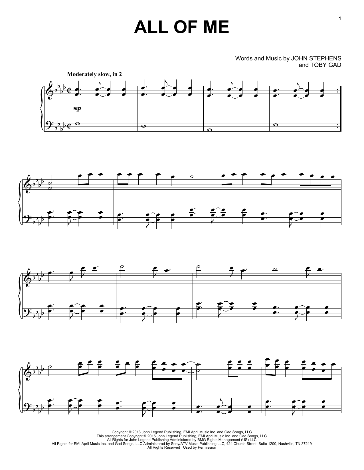 All Of Me By John Legend Sheet Music For Piano Solo At Sheet Music Direct