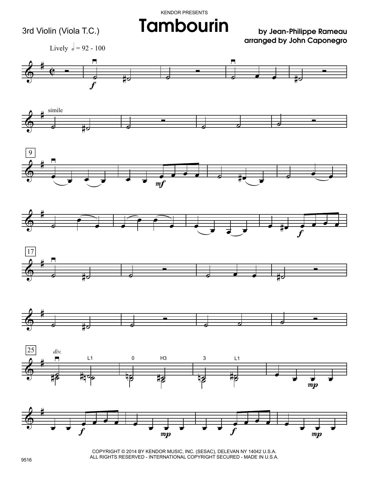 Tambourin - Violin 3 (Viola T.C.) Sheet Music | John Caponegro | Orchestra