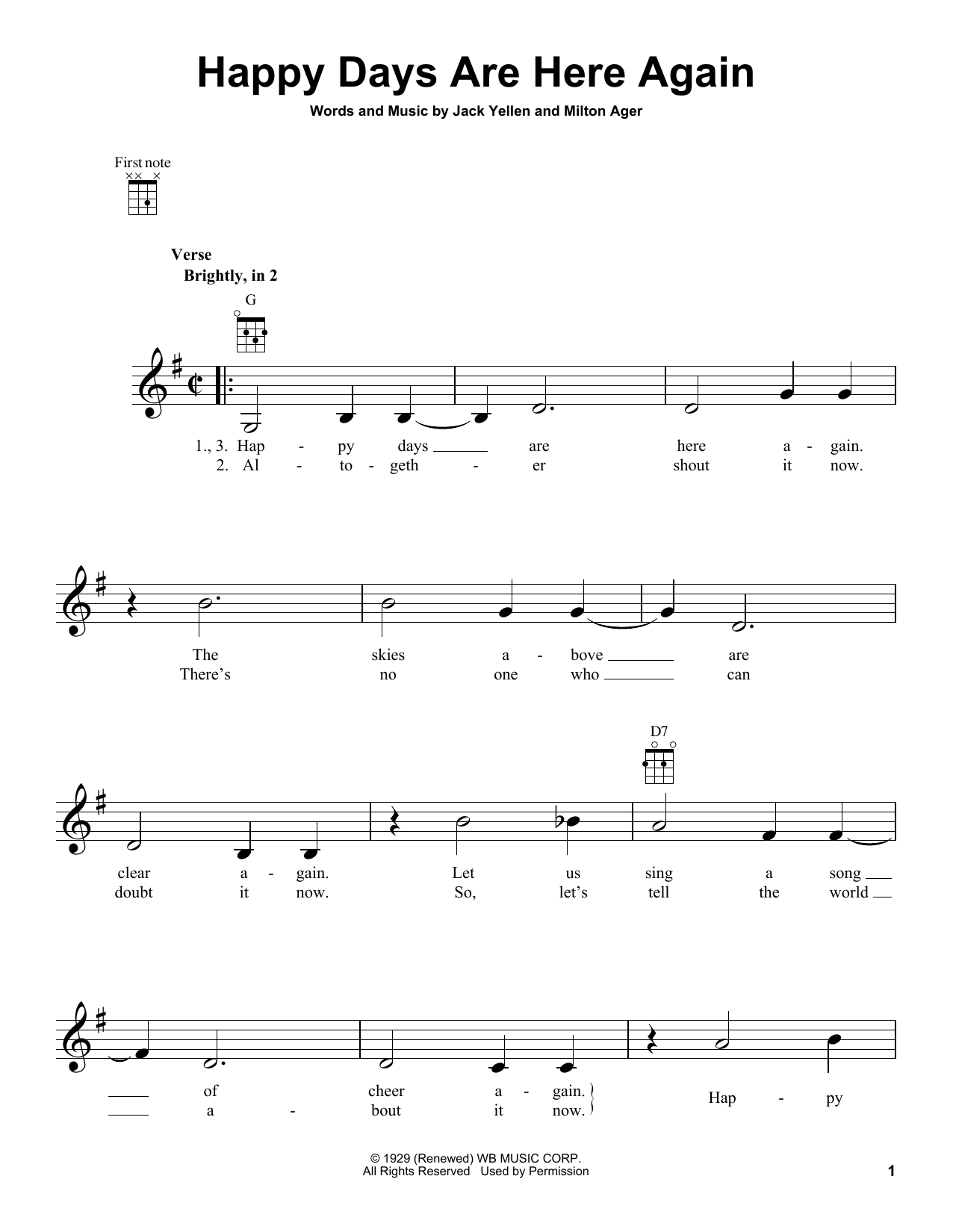Happy Days Are Here Again By Milton Ager Sheet Music For Ukulele At Happy Days Are Here Again By Milton Ager Sheet Music For Ukulele At