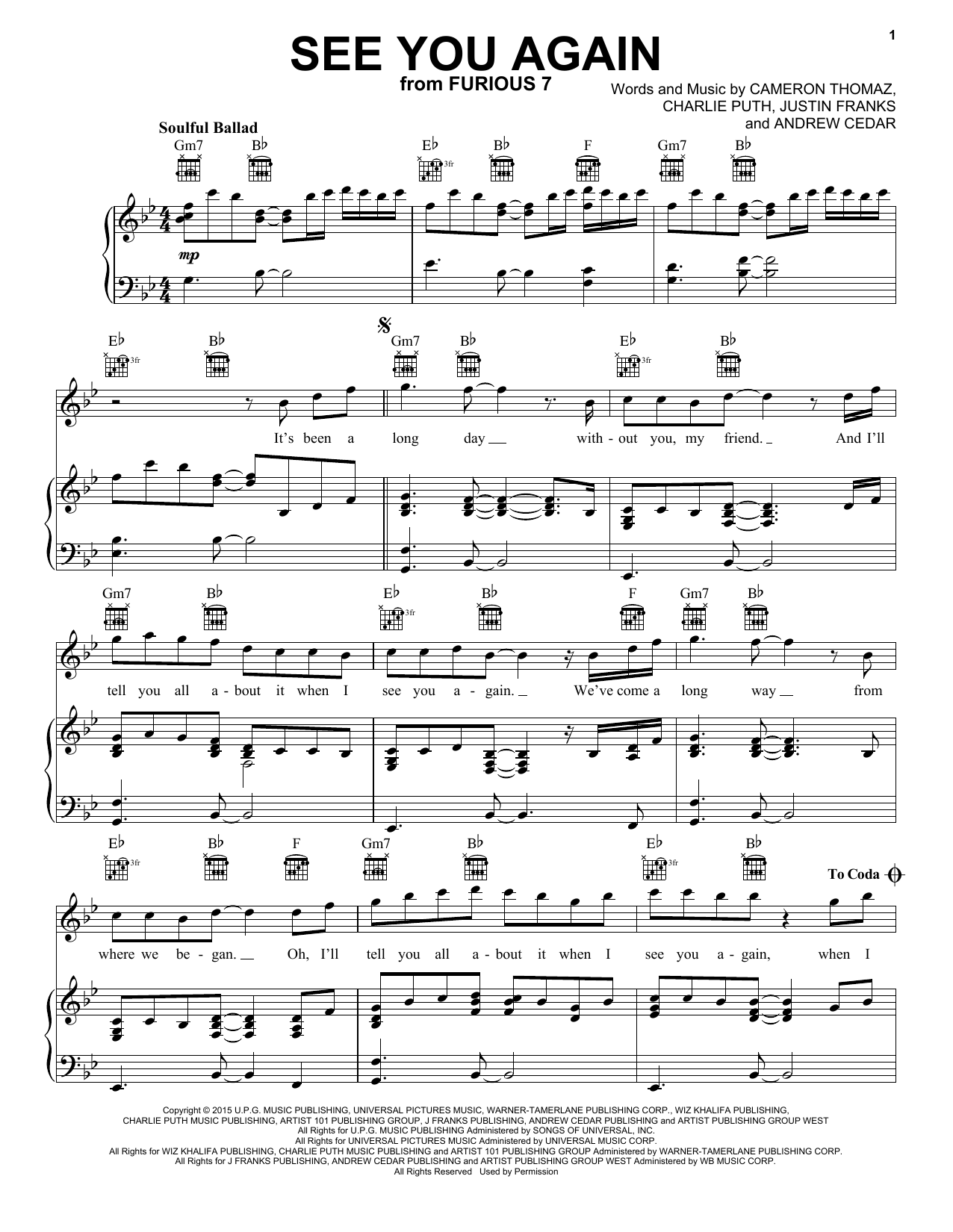 See You Again by Wiz Khalifa feat. Charlie Puth Sheet Music for Piano PlayAlong at Sheet Music ...