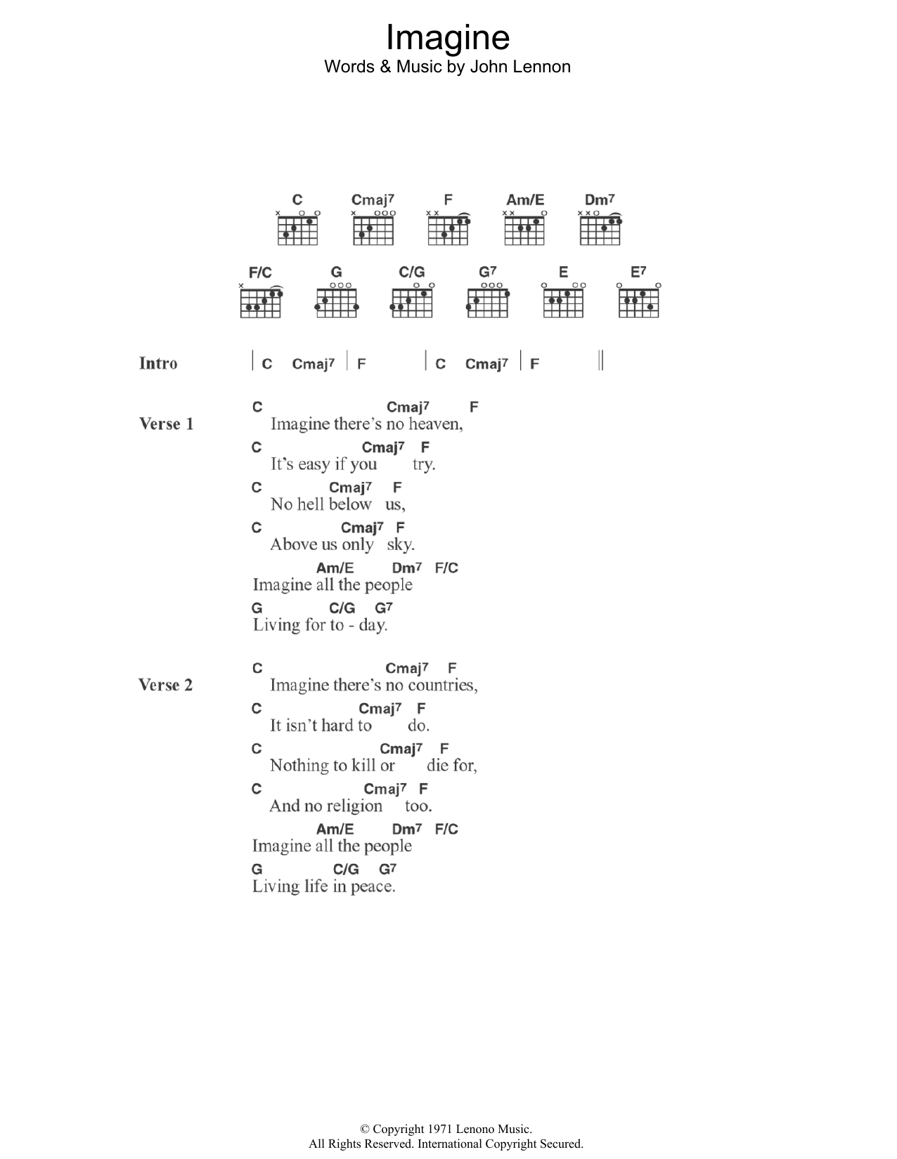 Imagine Sheet Music John Lennon Guitar Chords Lyrics Imagine Sheet Music John Lennon Guitar Chords Lyrics