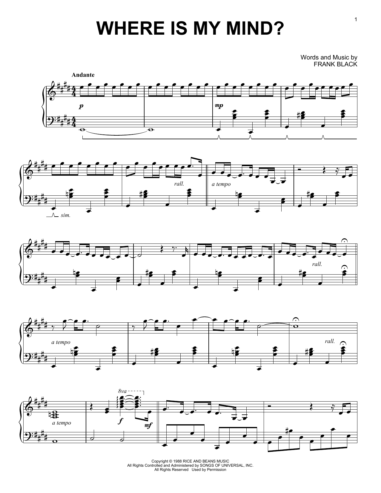 The Pixies Where Is My Mind Sheet Music The Pixies Where Is My Mind Sheet Music
