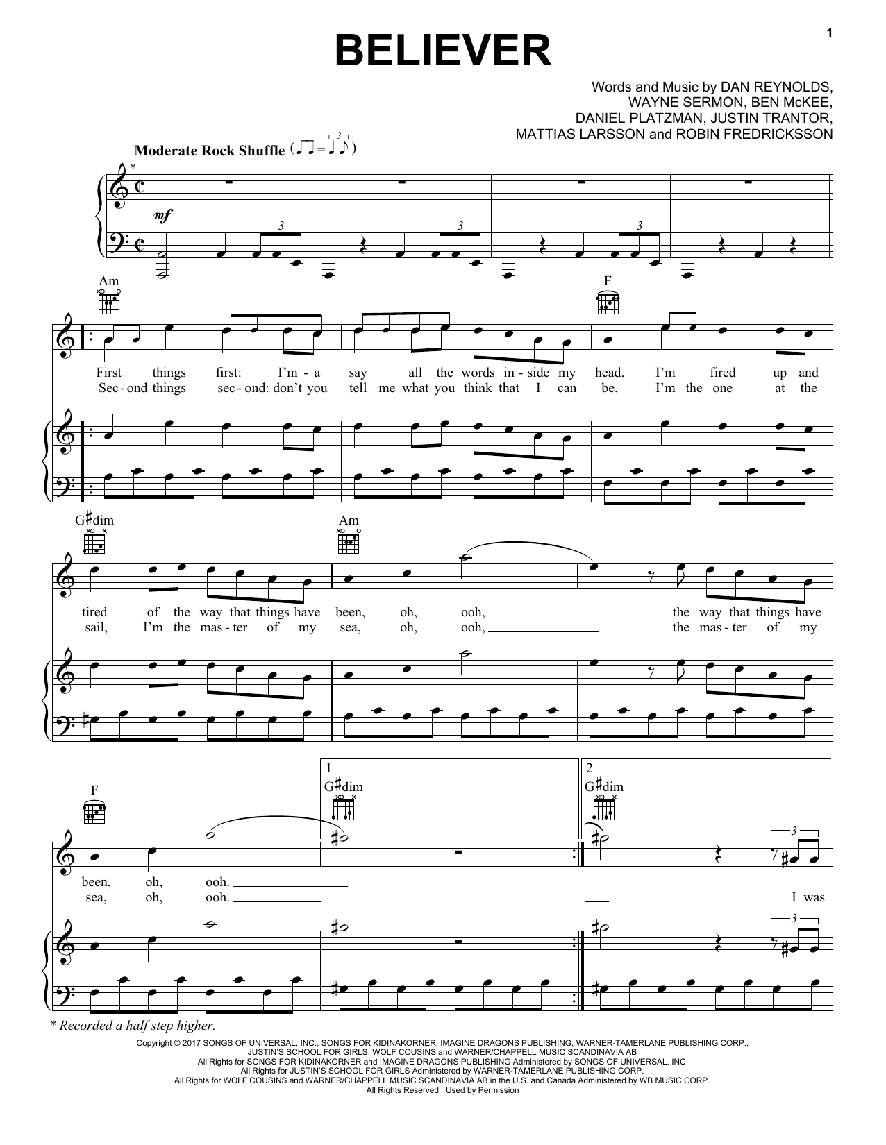 Believer By Imagine Dragons Sheet Music For Piano Vocal Guitar Believer By Imagine Dragons Sheet Music For Piano Vocal Guitar