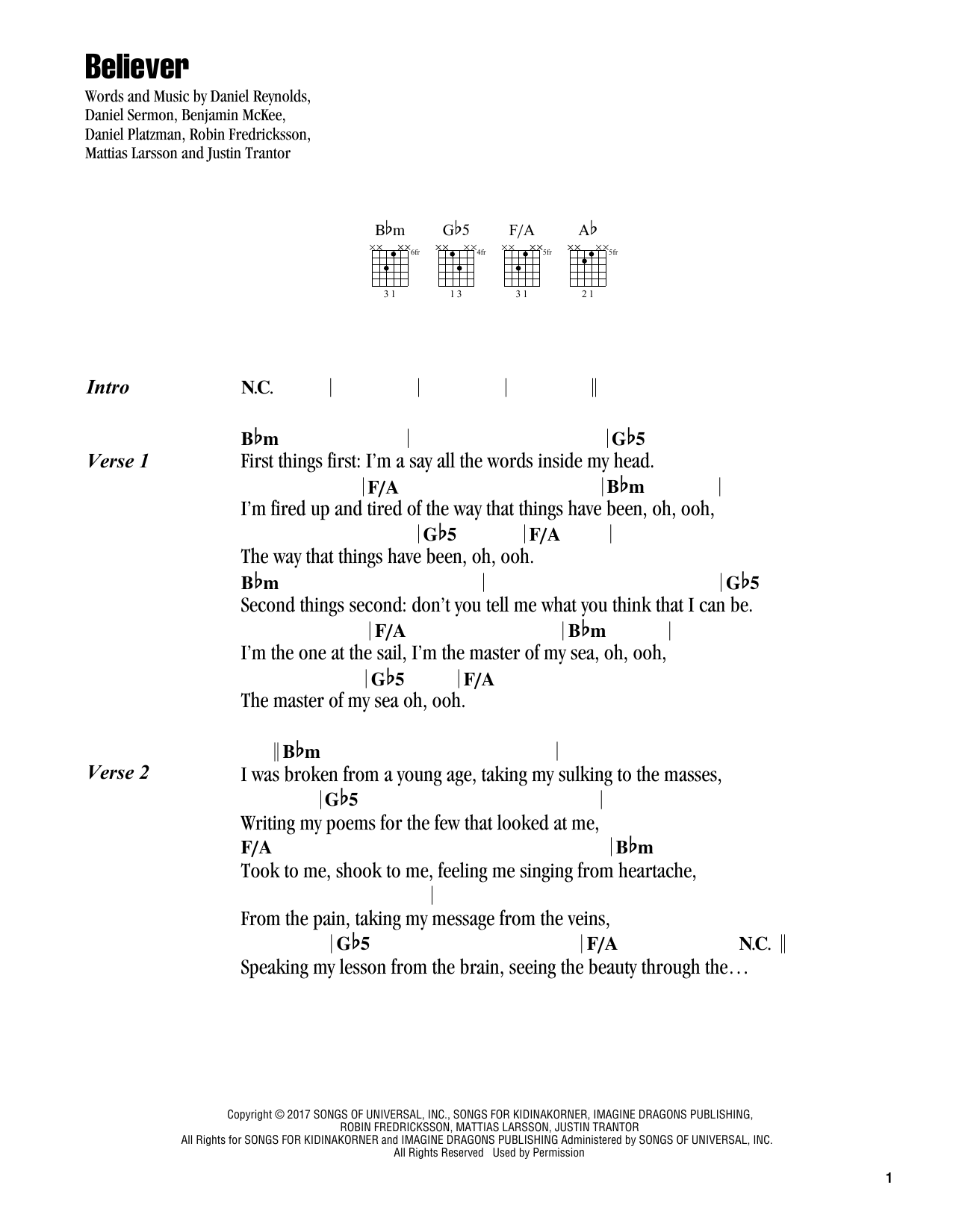 Imagine Dragons Believer Sheet Music Imagine Dragons Believer Sheet Music