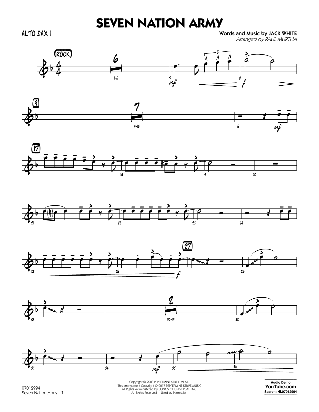 Seven Nation Army Alto Sax 1 Sheet Music Paul Murtha Jazz Ensemble Seven Nation Army Alto Sax 1 Sheet Music Paul Murtha Jazz Ensemble