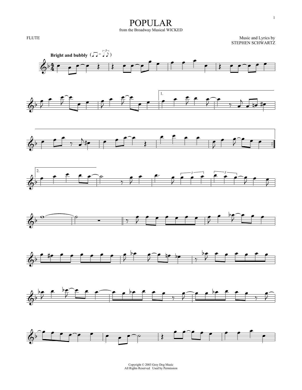 Popular from Wicked By Stephen Schwartz Sheet Music For Flute Solo At Popular from Wicked By Stephen Schwartz Sheet Music For Flute Solo At