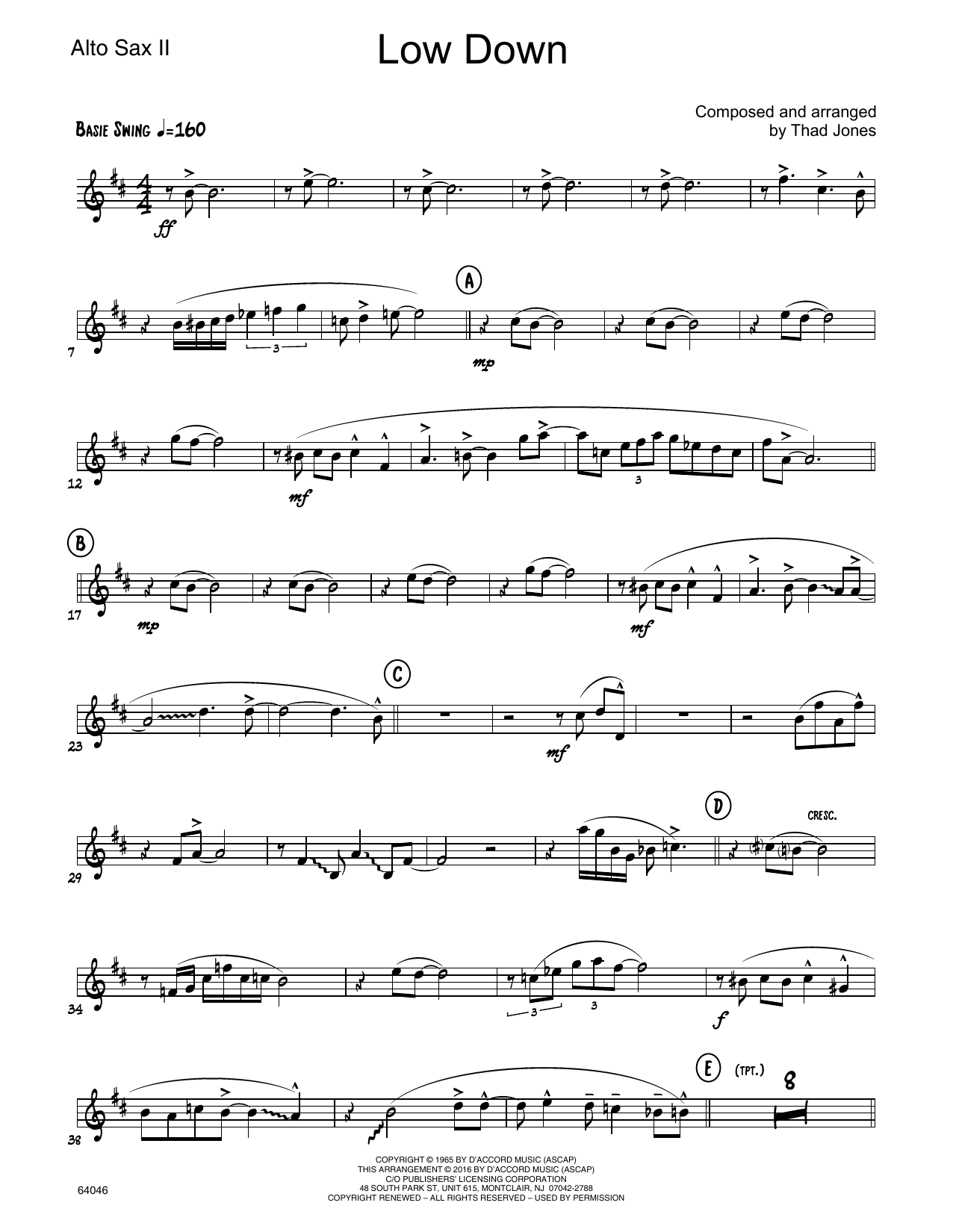 Low Down - 2nd Eb Alto Saxophone Sheet Music | Thad Jones | Jazz Ensemble