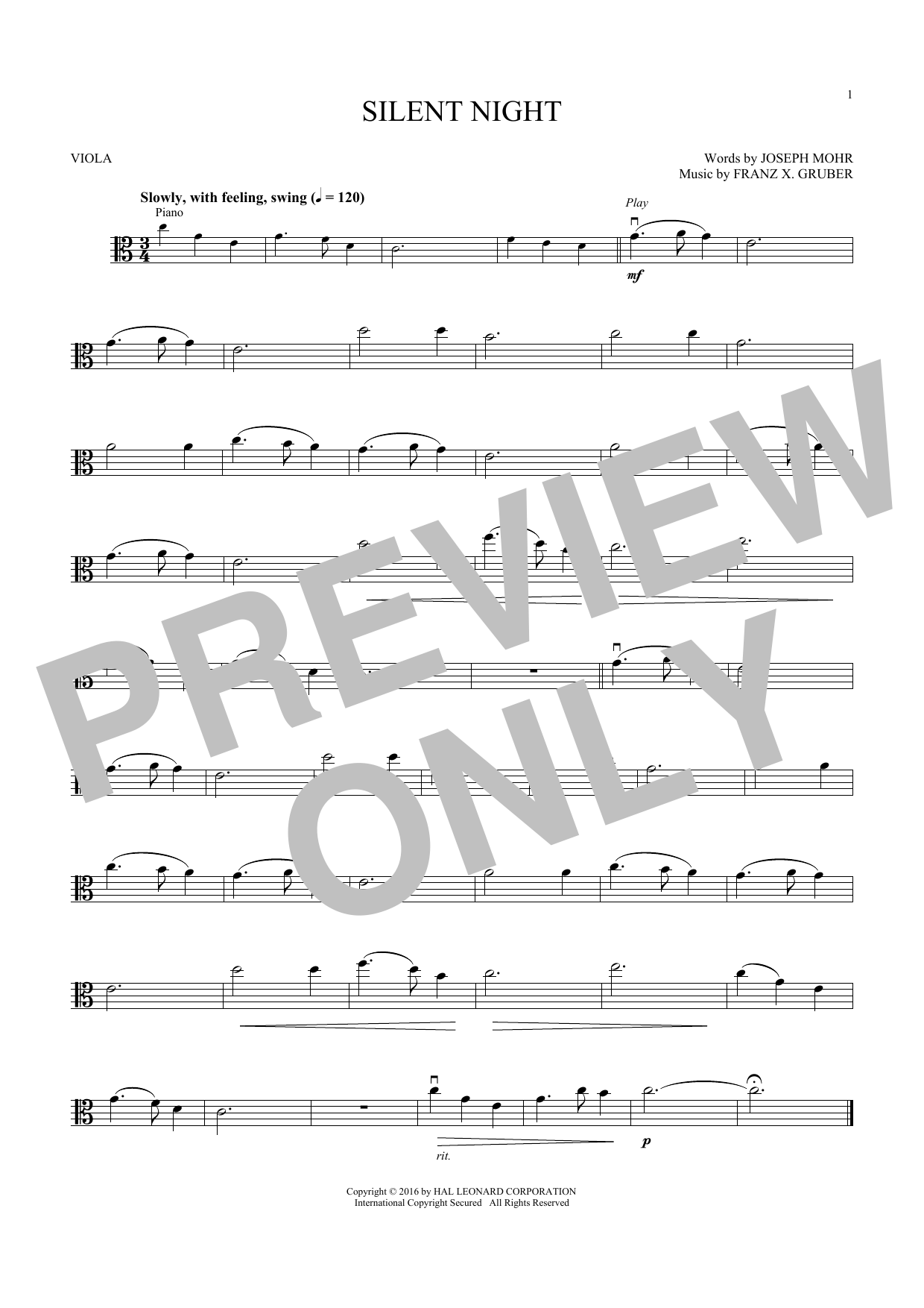 Silent Night by Franz X. Gruber Sheet Music for Viola PlayAlong at ...