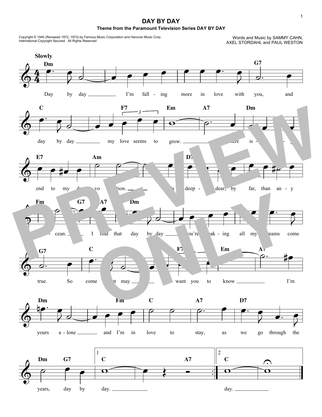 Day By Day Sheet Music Sammy Cahn Easy Lead Sheet Fake Book