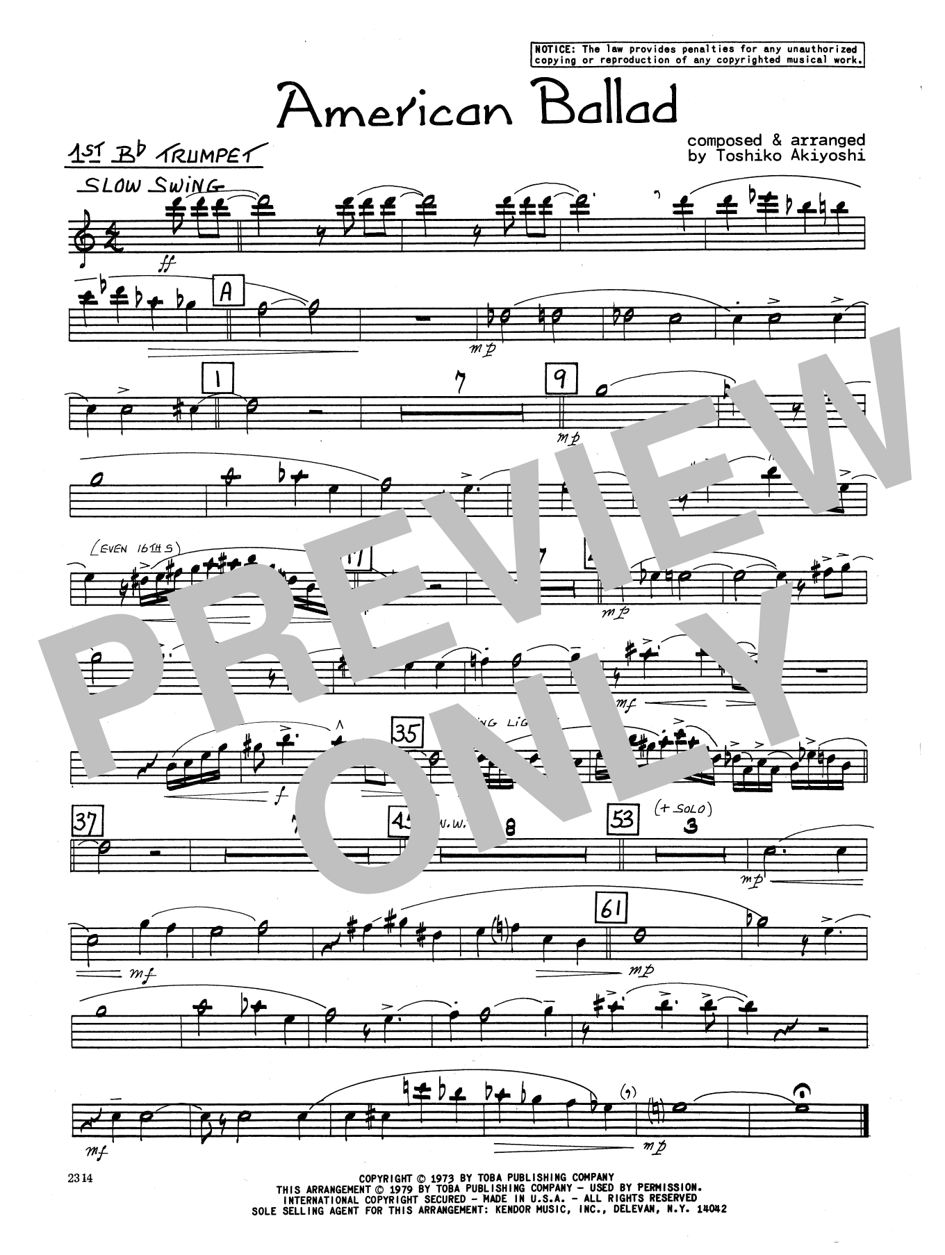 American Ballad - 1st Bb Trumpet Sheet Music | Toshiko Akiyoshi | Jazz ...