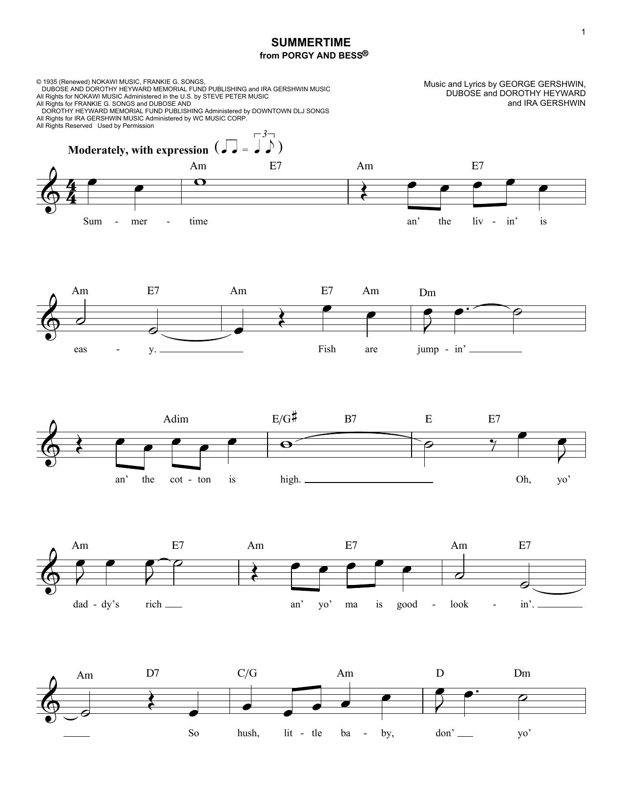 Summertime Noten George Gershwin Einfach Lead Sheet Fake Book Summertime Noten George Gershwin Einfach Lead Sheet Fake Book