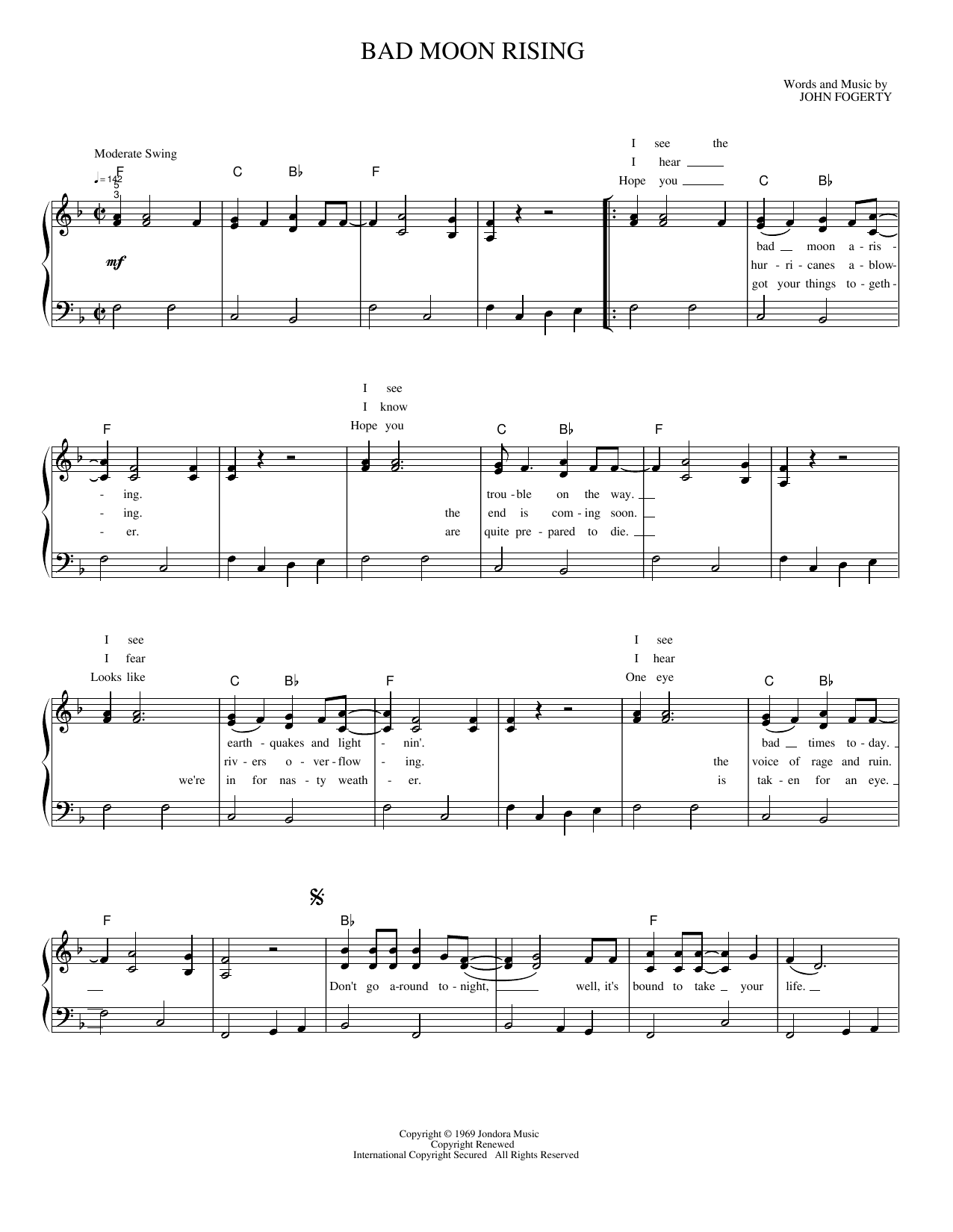 Bad Moon Rising Sheet Music | John Fogerty | Piano, Vocal & Guitar ...