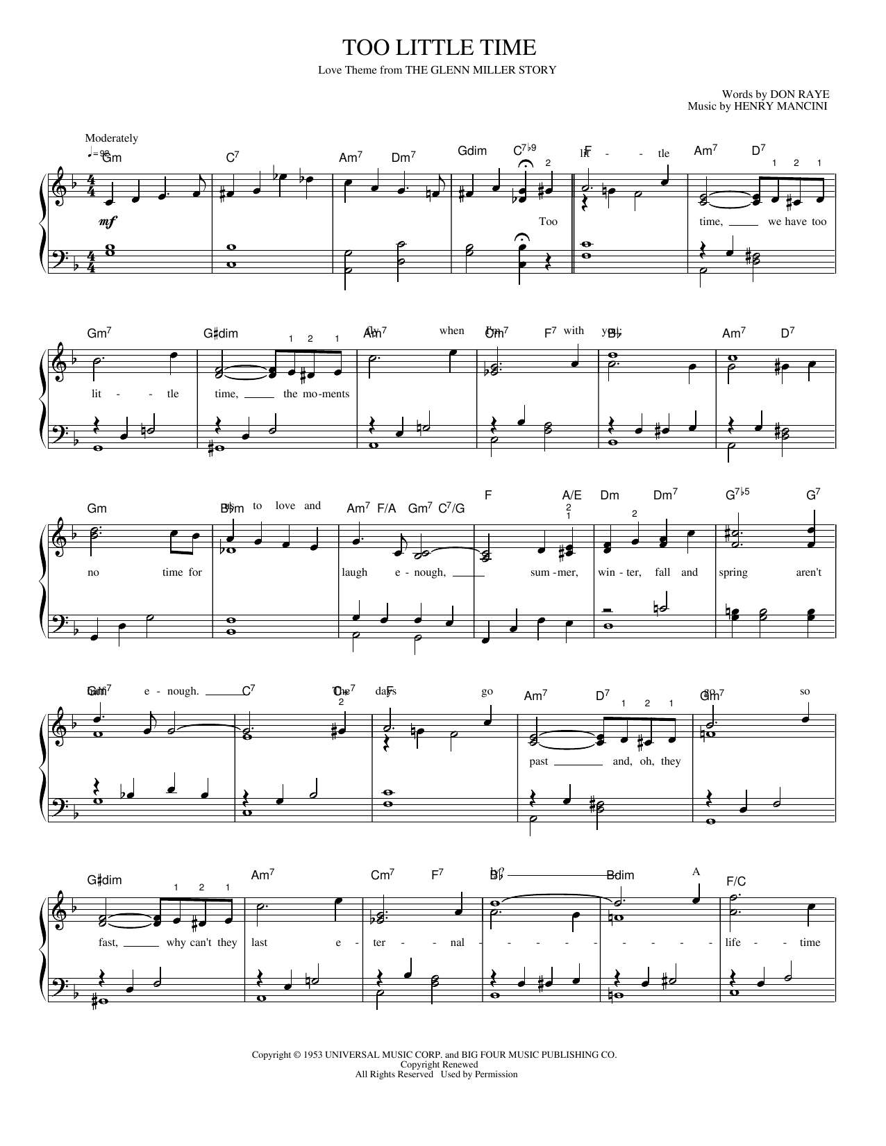 Too Little Time Partitions | Henry Mancini | Piano, chant & accords de ...