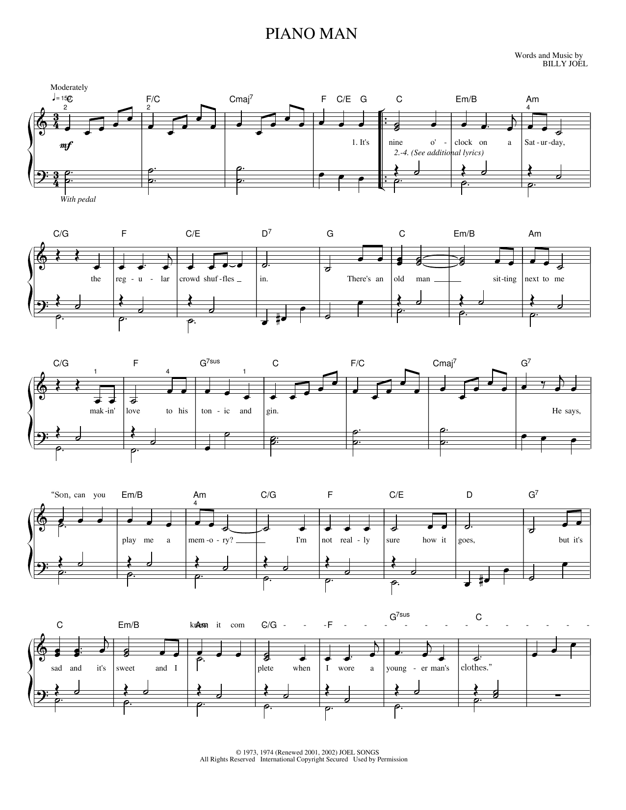 Piano Man Sheet Music | Billy Joel | Piano, Vocal & Guitar Chords ...