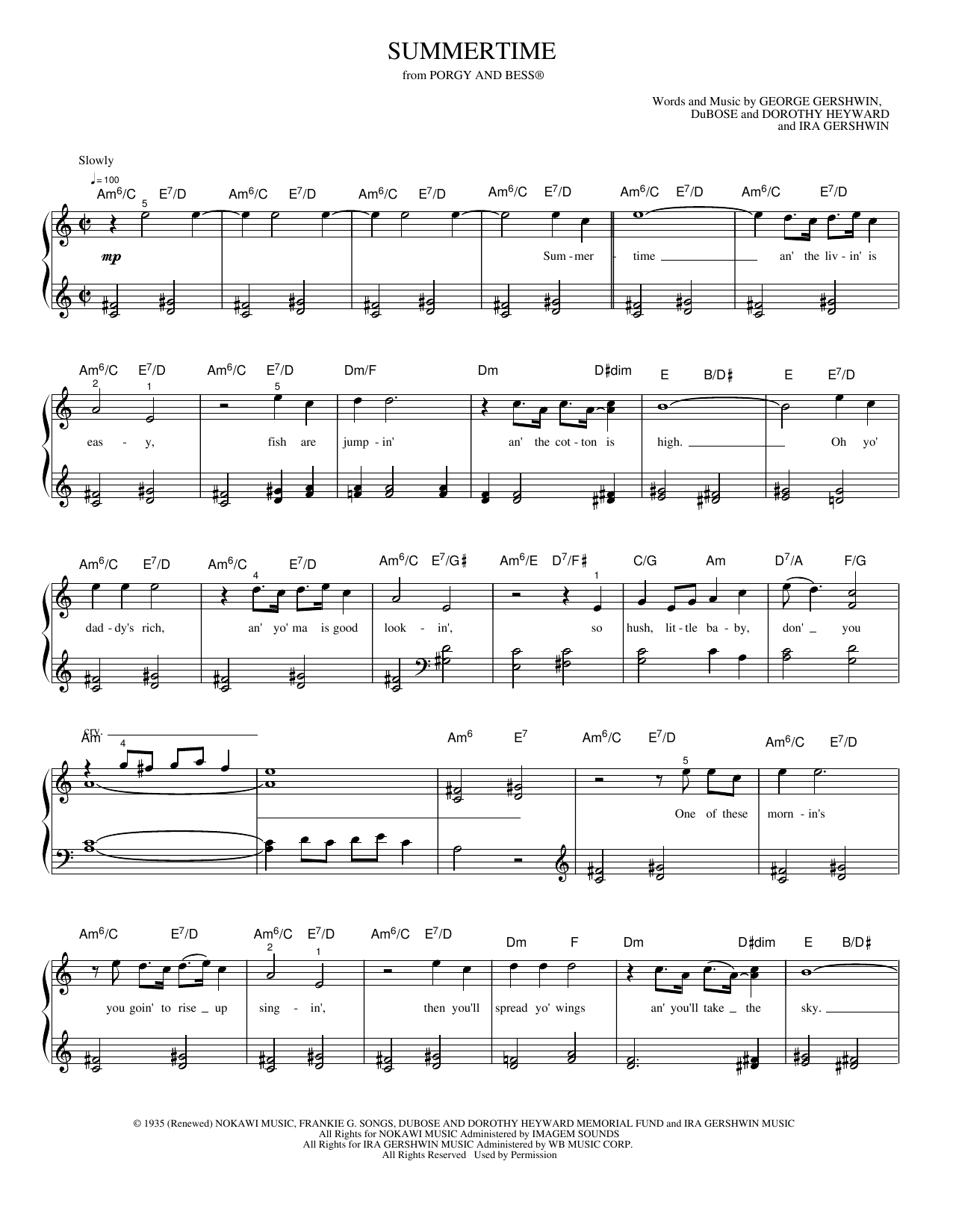 Summertime Sheet Music | George Gershwin | Piano, Vocal & Guitar Chords ...