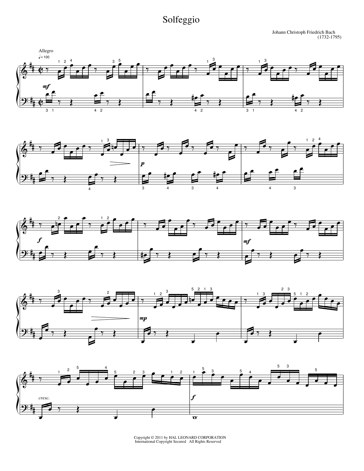 Solfeggio Noten | J.C.F. Bach | Klavier, leicht