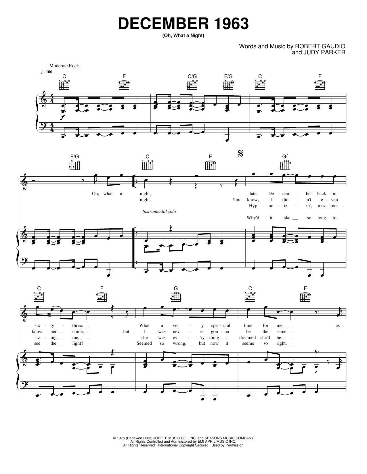 December 1963 (Oh, What A Night) Sheet Music | The 4 Seasons | Piano ...