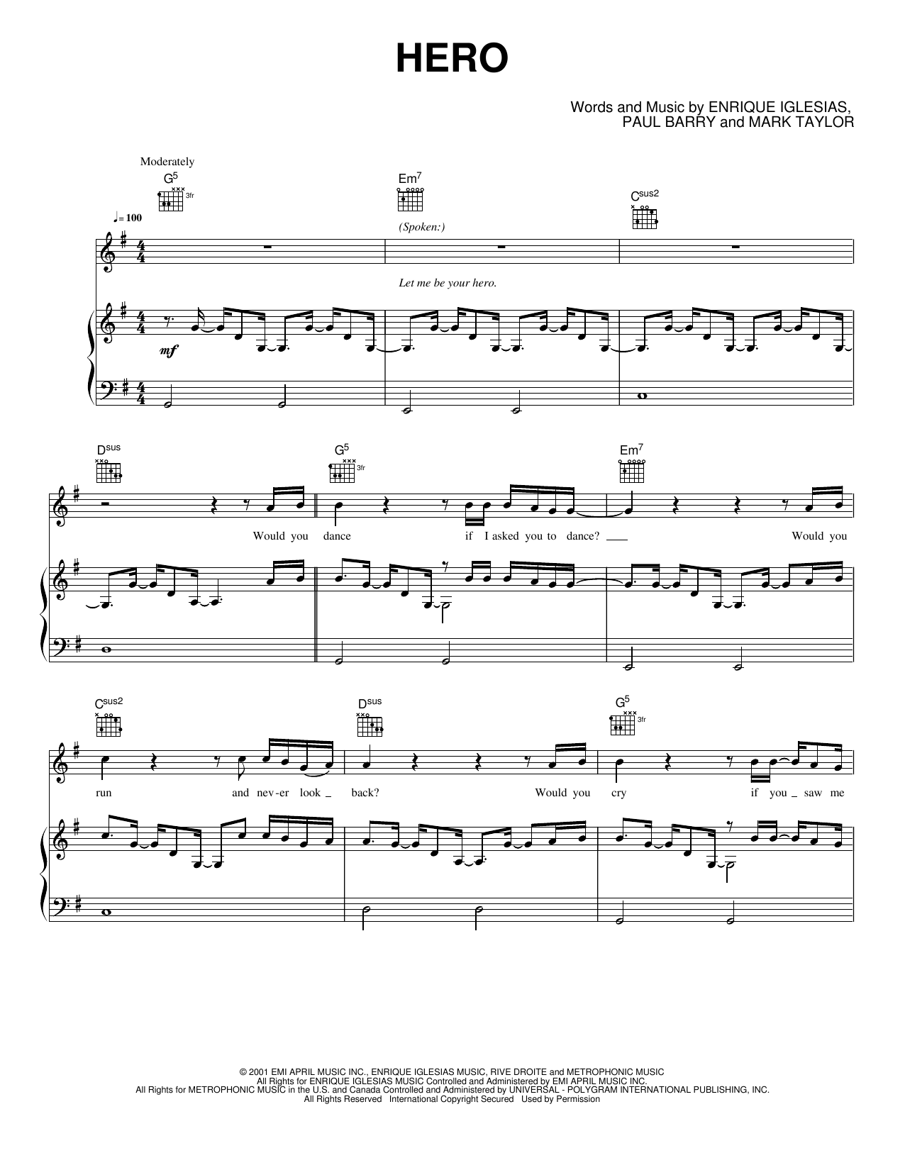 Hero Sheet Music | Enrique Iglesias | Piano, Vocal & Guitar Chords ...