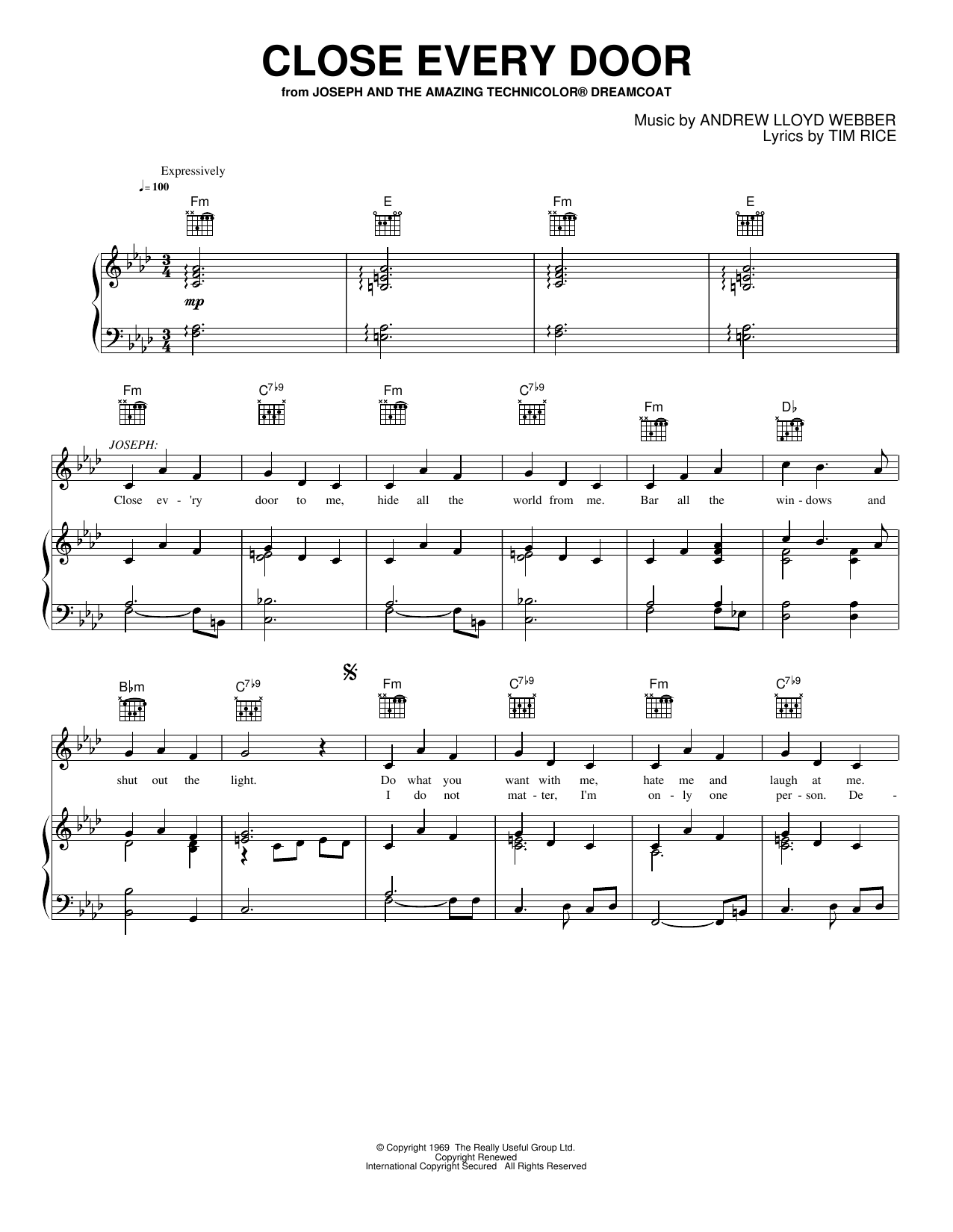 Close Every Door Sheet Music | Andrew Lloyd Webber | Piano, Vocal & Guitar Chords (Right-Hand ...