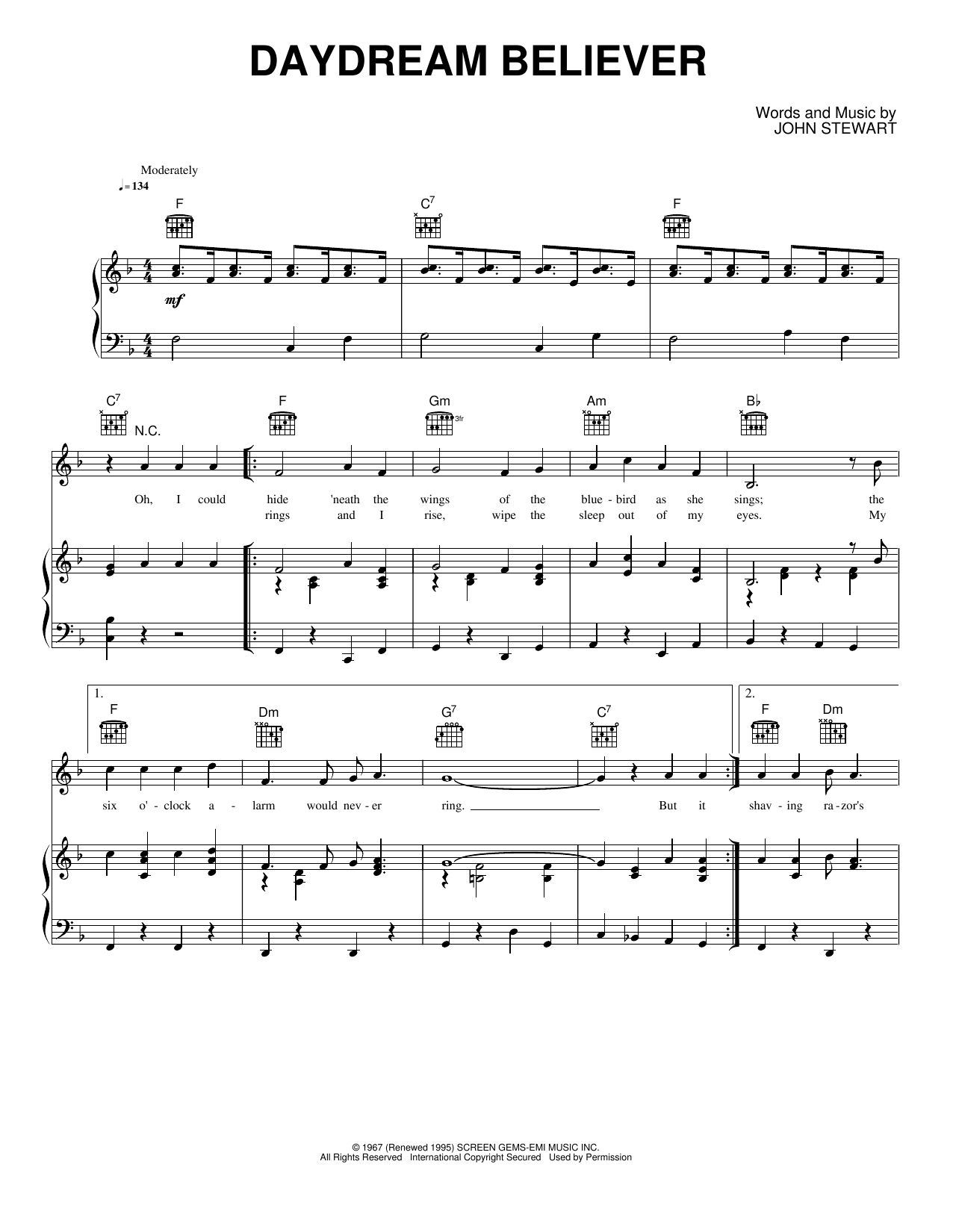 Daydream Sheet Music | Lovin' Spoonful | Piano, Vocal & Guitar Chords ...