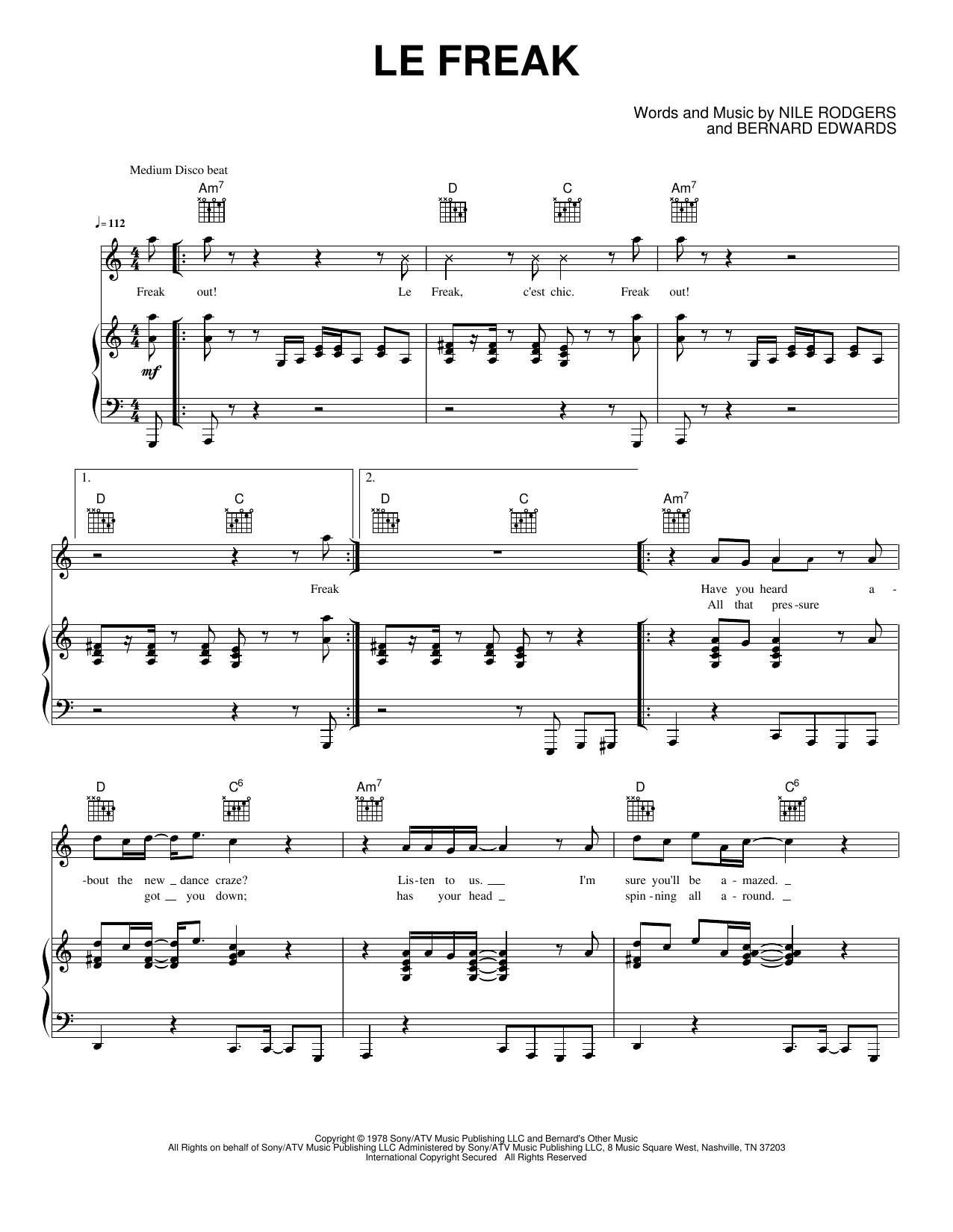 Le Freak Sheet Music | Chic | Piano, Vocal & Guitar Chords (Right-Hand ...