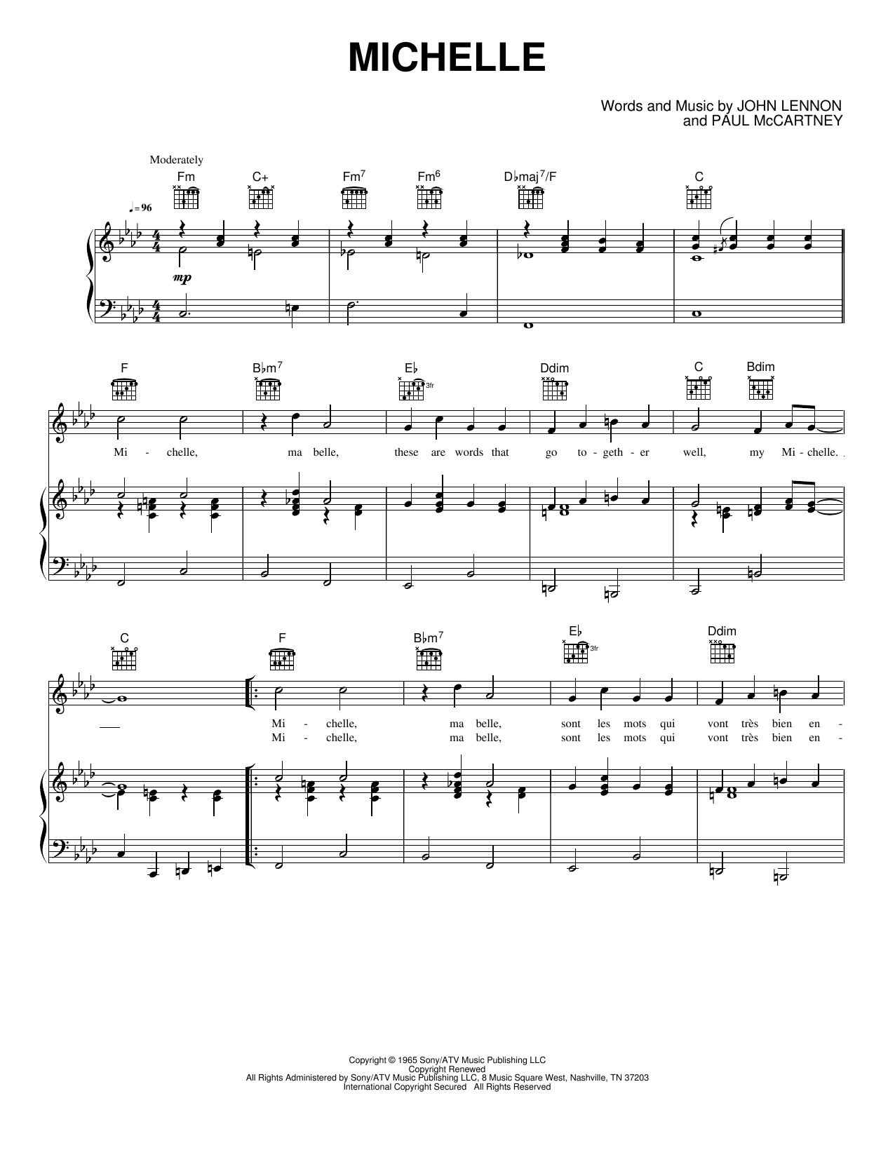 Michelle Sheet Music | The Beatles | Piano, Vocal & Guitar Chords ...