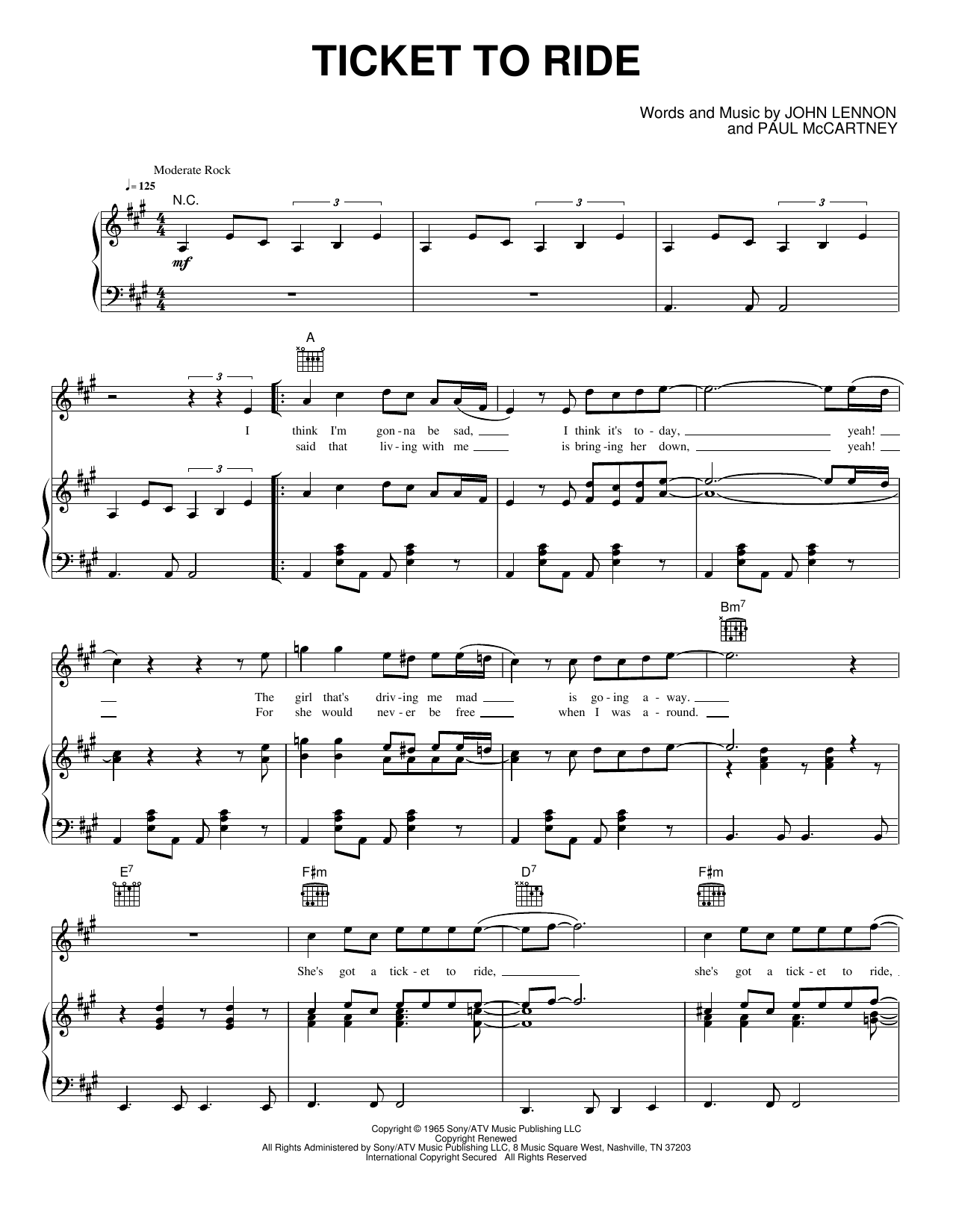 Ticket To Ride Sheet Music | The Beatles | Piano, Vocal & Guitar Chords ...