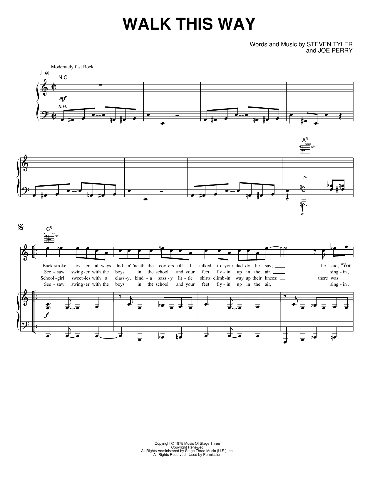 Walk This Way Sheet Music | Aerosmith | Piano, Vocal & Guitar Chords ...