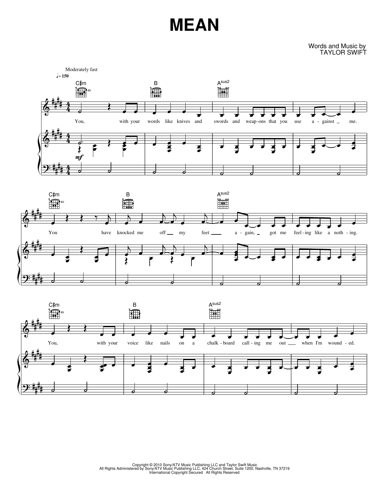 Mean Sheet Music | Taylor Swift | Piano, Vocal & Guitar Chords (Right ...