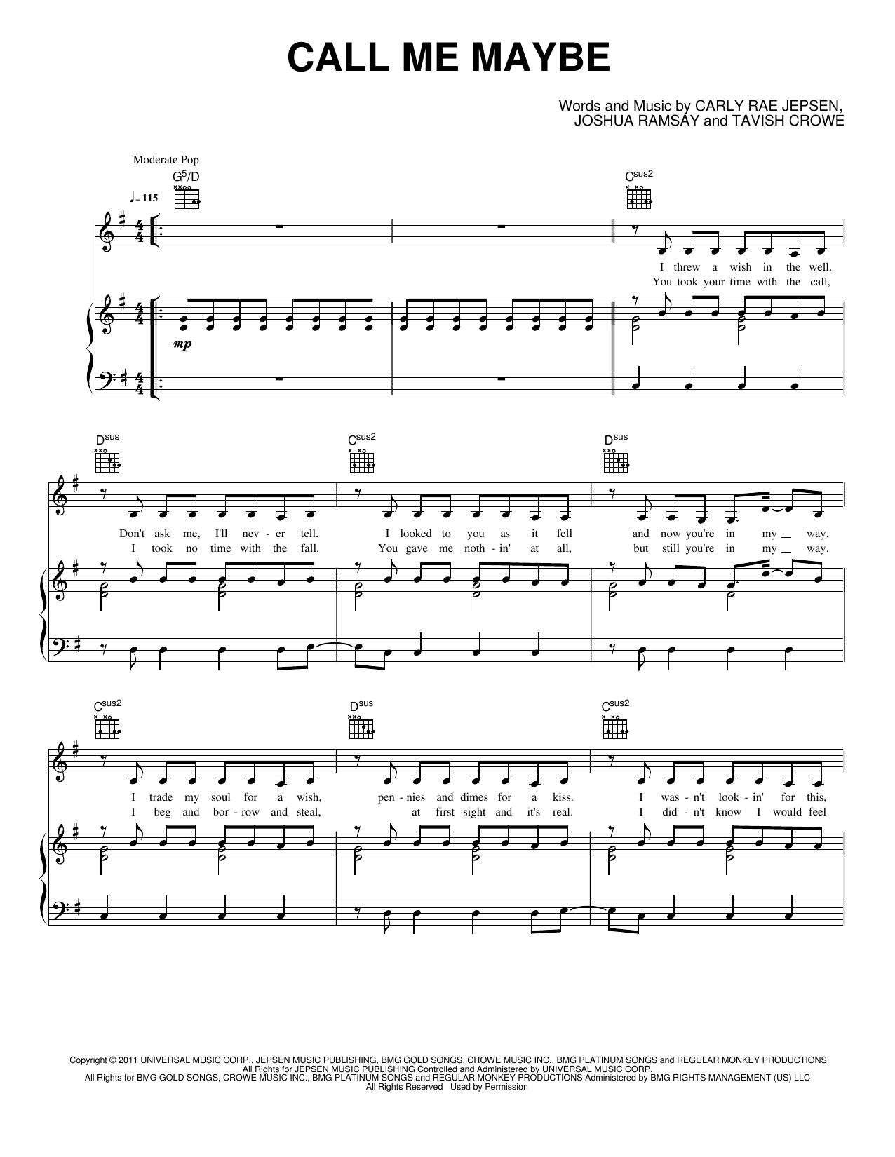 Call Me Maybe Sheet Music | Carly Rae Jepsen | Piano, Vocal & Guitar ...