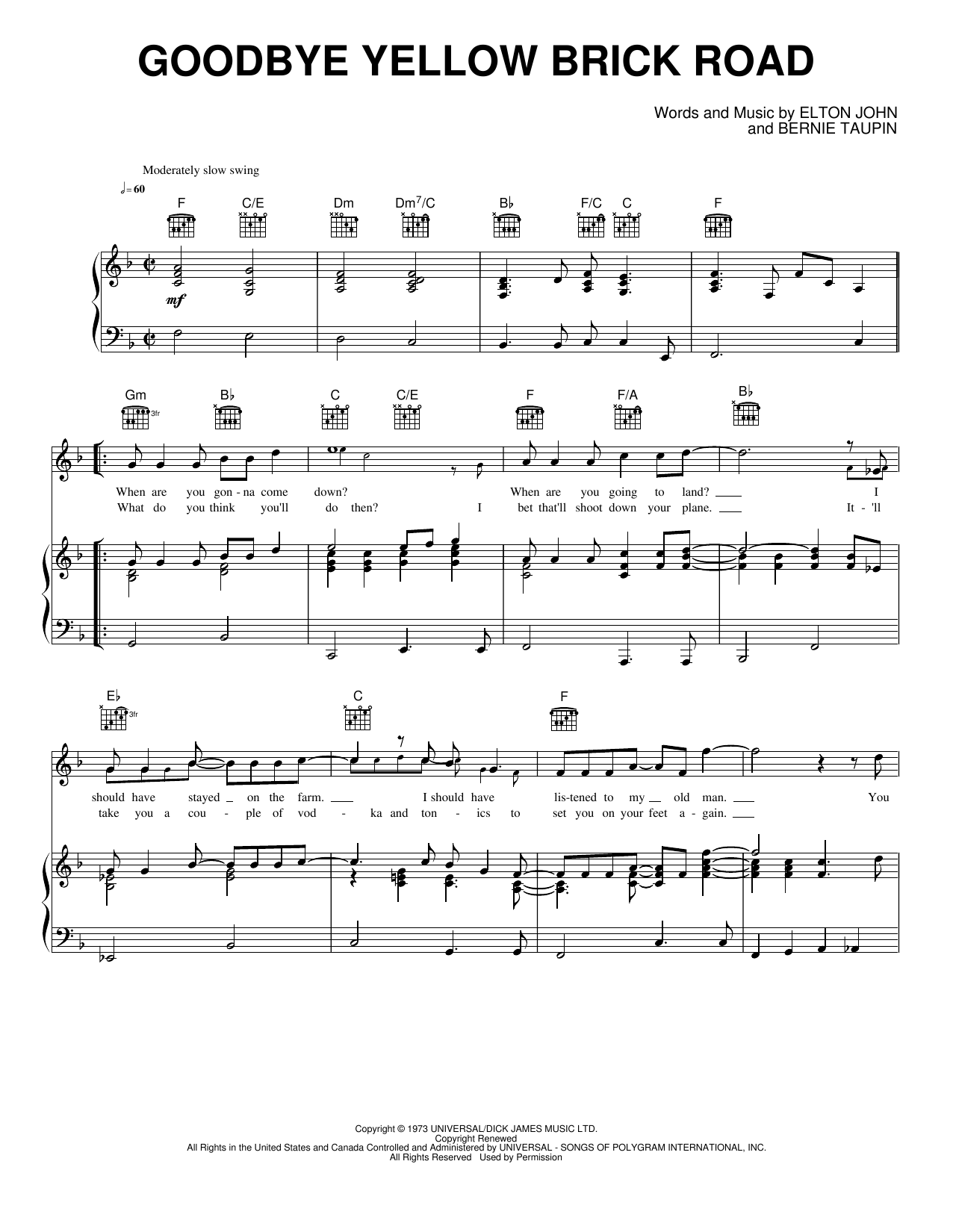 Goodbye Yellow Brick Road Sheet Music | Elton John | Piano, Vocal ...