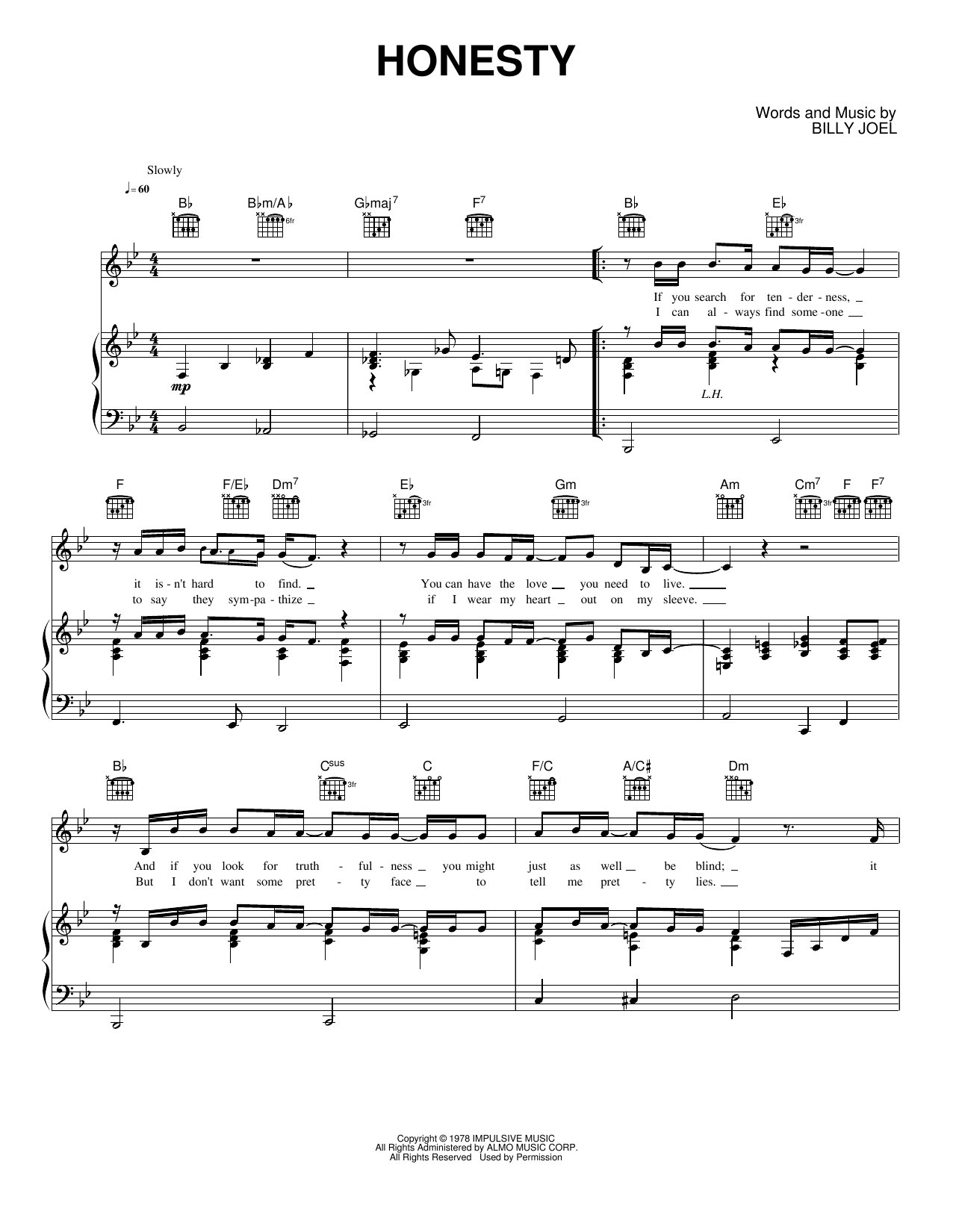 Honesty Sheet Music | Billy Joel | Piano, Vocal & Guitar Chords (Right ...