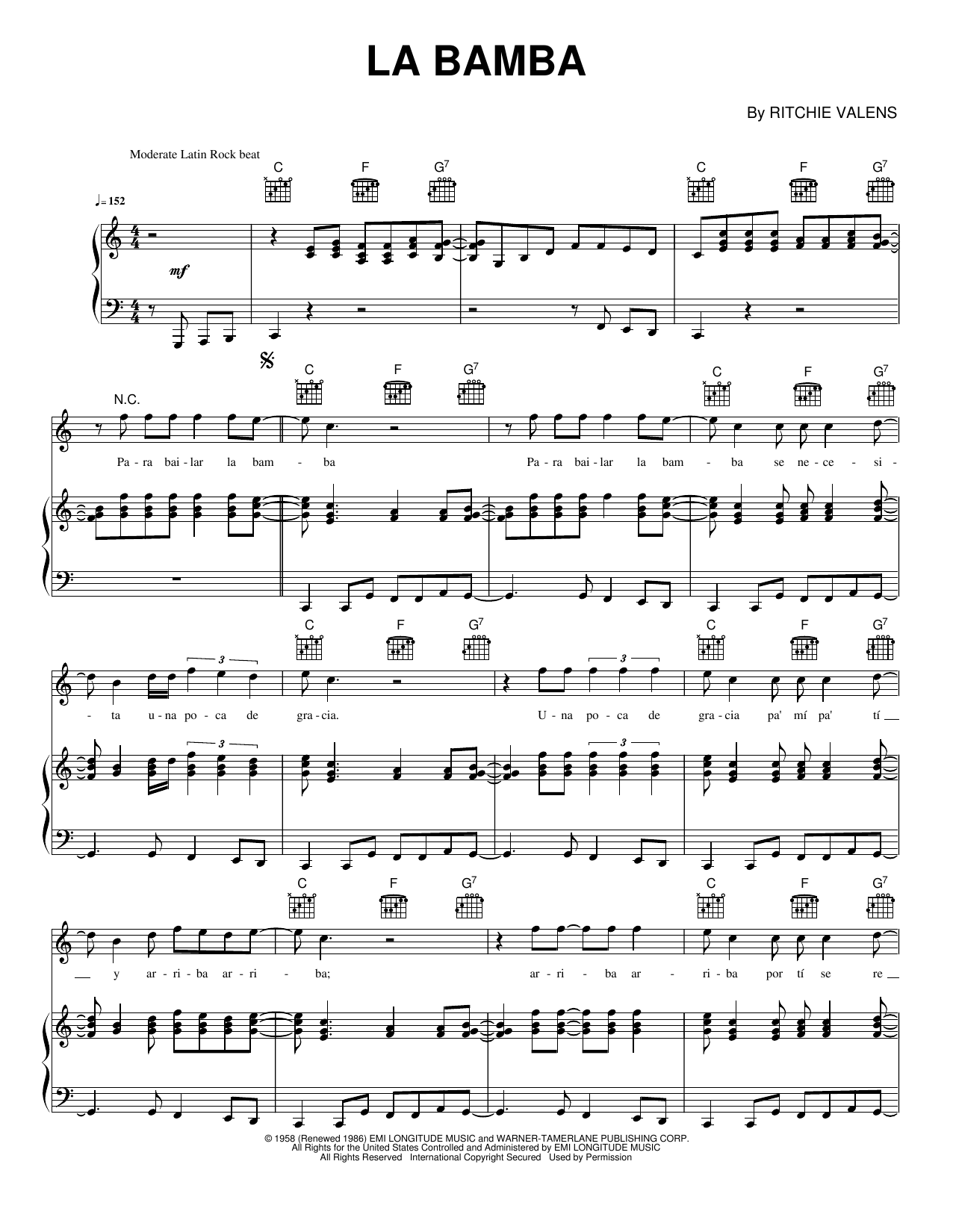 La Bamba Sheet Music | Ritchie Valens | Piano, Vocal & Guitar Chords ...