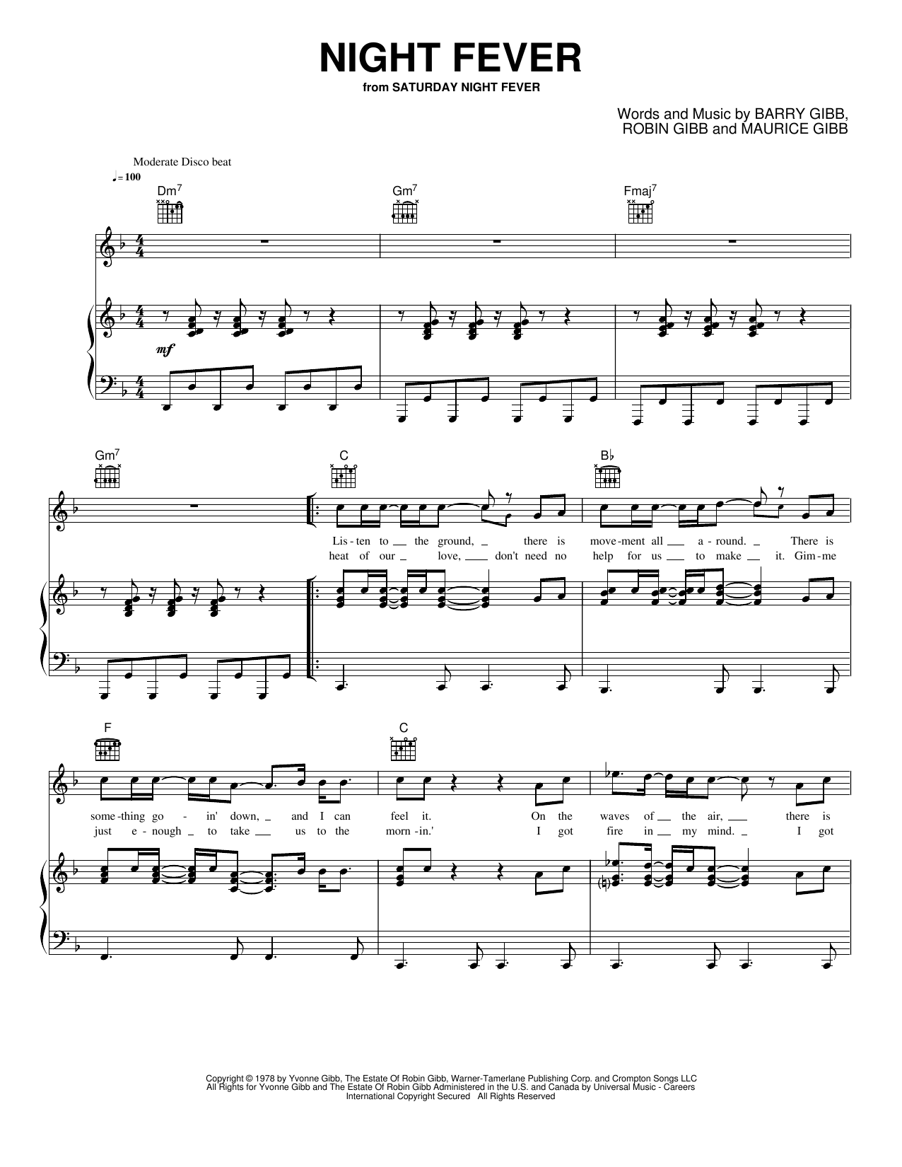 Night Fever Sheet Music | Bee Gees | Piano, Vocal & Guitar Chords ...