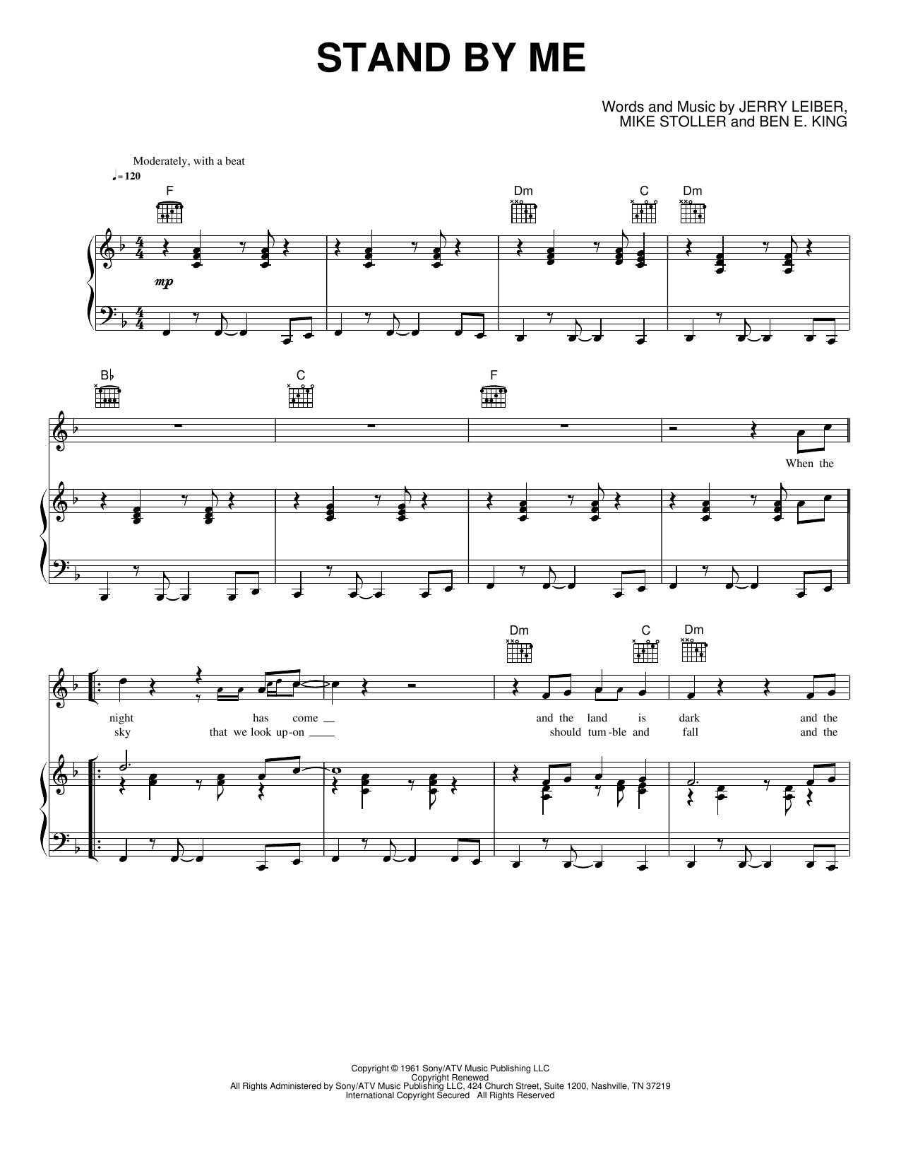 Stand By Me Sheet Music | Ben E. King | Piano, Vocal & Guitar Chords ...