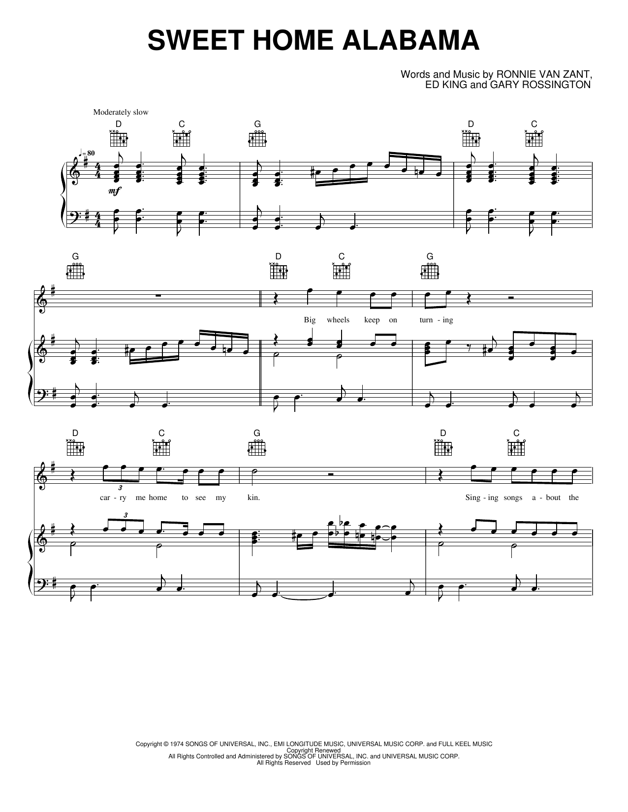 Sweet Home Alabama Sheet Music | Lynyrd Skynyrd | Piano, Vocal & Guitar ...