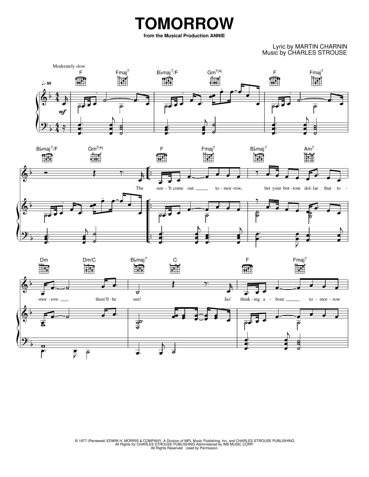 Tomorrow Sheet Music | Charles Strouse | Piano, Vocal & Guitar Chords ...