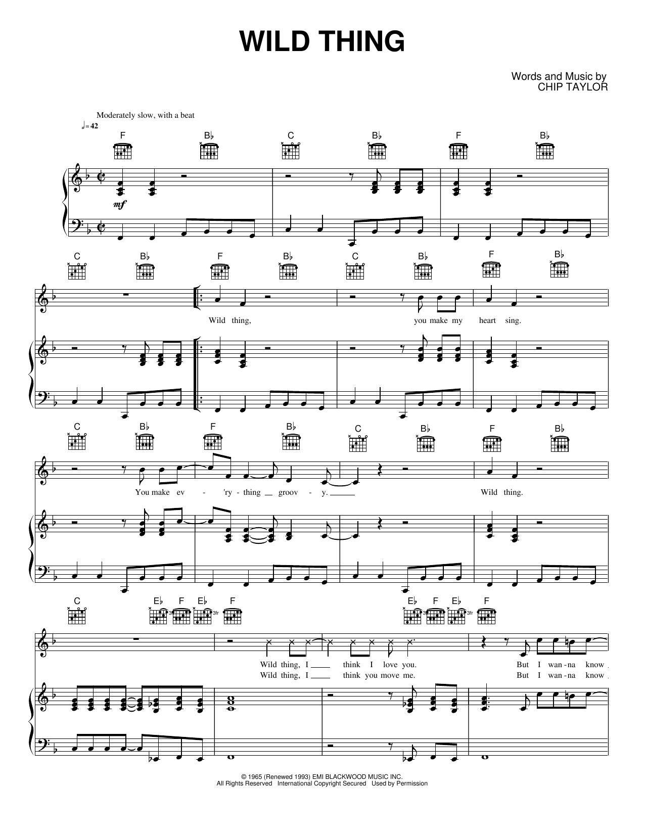 Wild Thing Sheet Music | The Troggs | Piano, Vocal & Guitar Chords ...