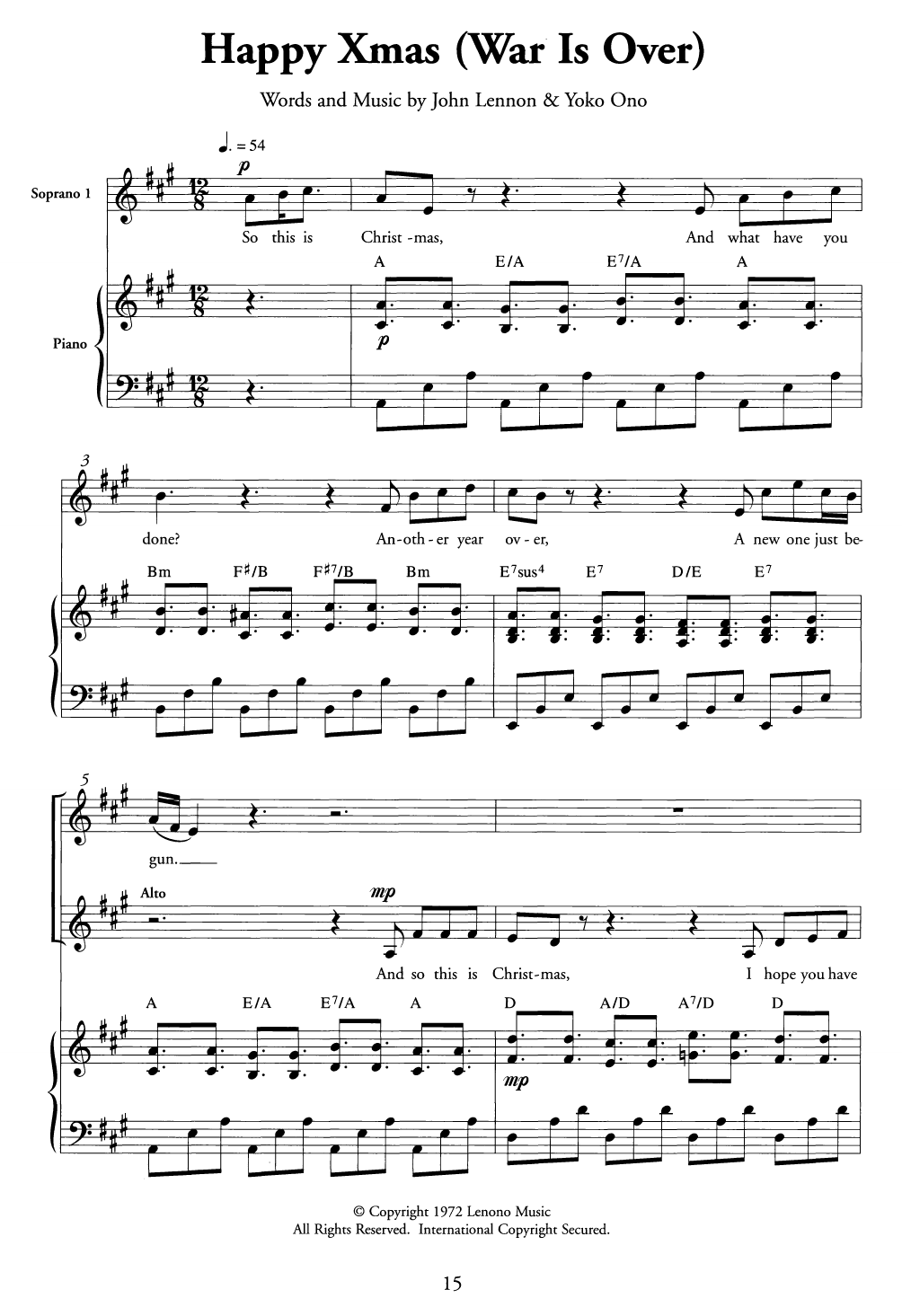 Happy Xmas War Is Over Sheet Music John Lennon SSA Choir