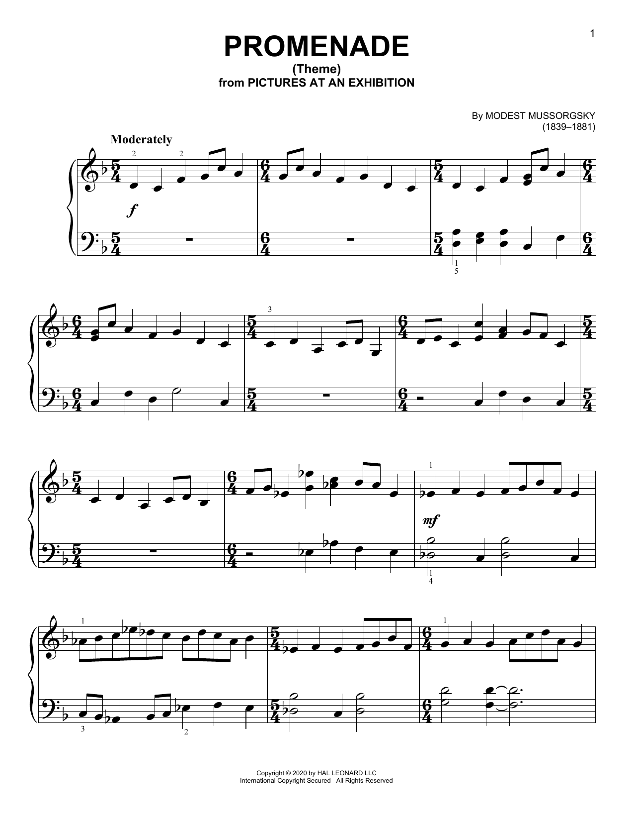Promenade Theme Sheet Music Modest Moussorgsky Very Easy Piano Promenade Theme Sheet Music Modest Moussorgsky Very Easy Piano