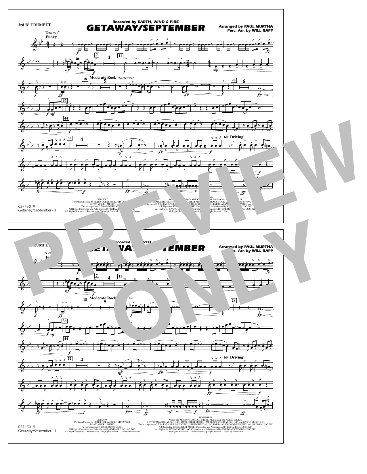 Getaway/September (arr. Paul Murtha) - 3rd Bb Trumpet by Earth, Wind & Fire Sheet Music for ...