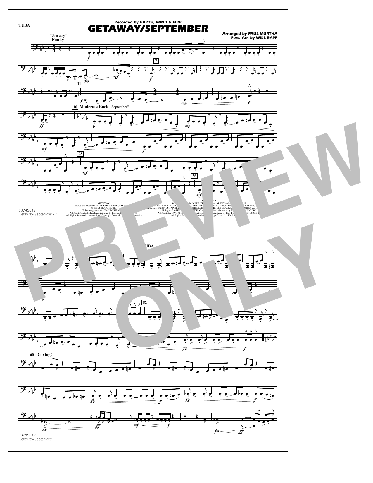 Getaway/September (arr. Paul Murtha) - Tuba by Earth, Wind & Fire Sheet Music for Marching Band ...