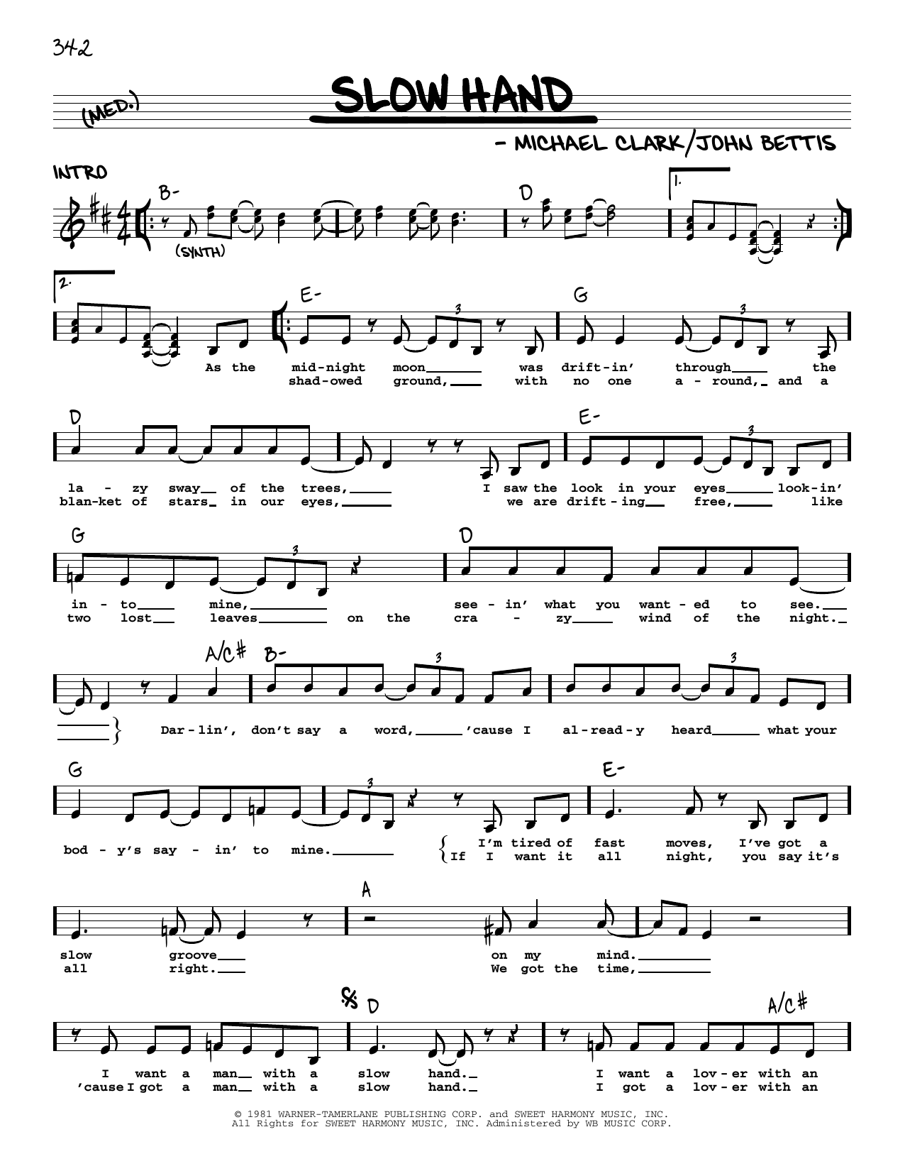 Slow Hand Sheet Music Pointer Sisters Real Book Melody Lyrics