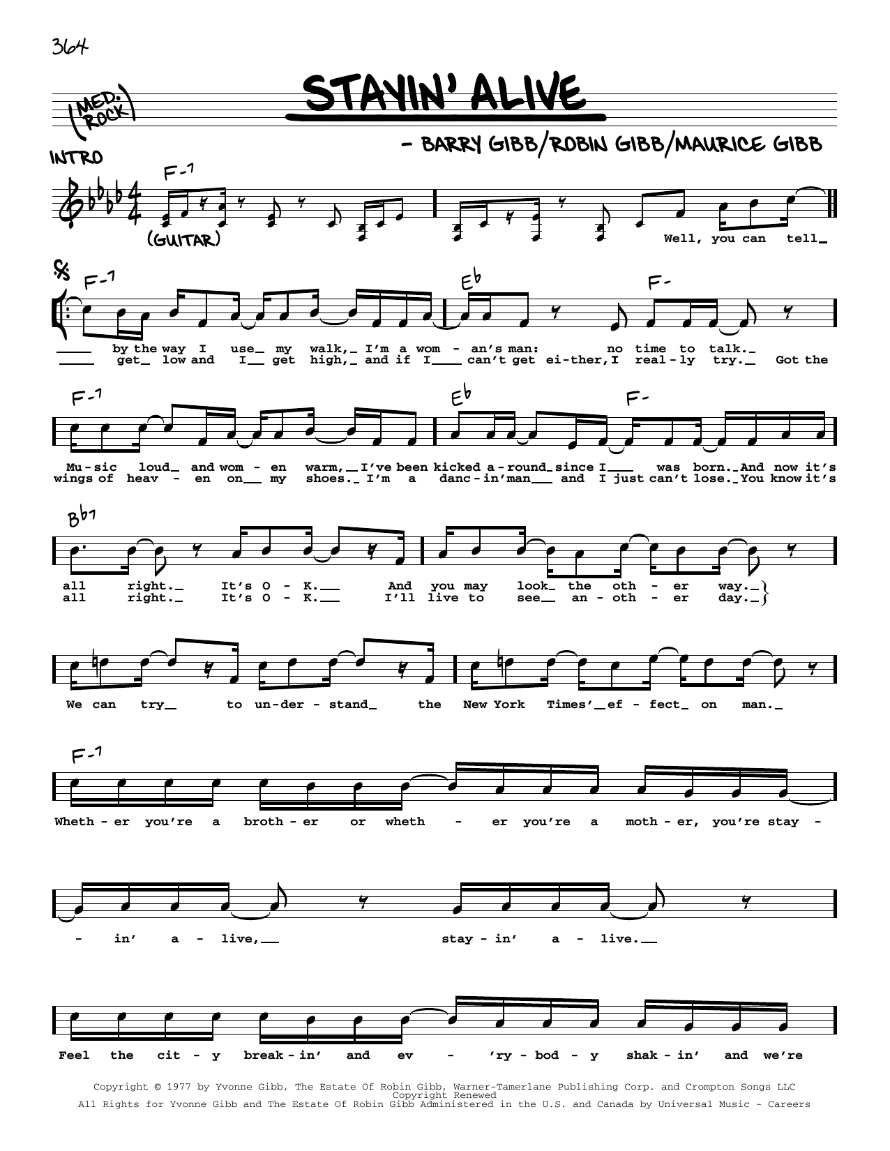 Stayin Alive Sheet Music The Bee Gees Real Book Melody Lyrics