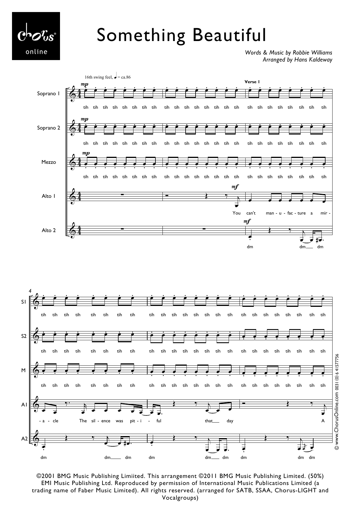 Something Beautiful (arr. Hans Kaldeway) Sheet Music | Robbie Williams ...